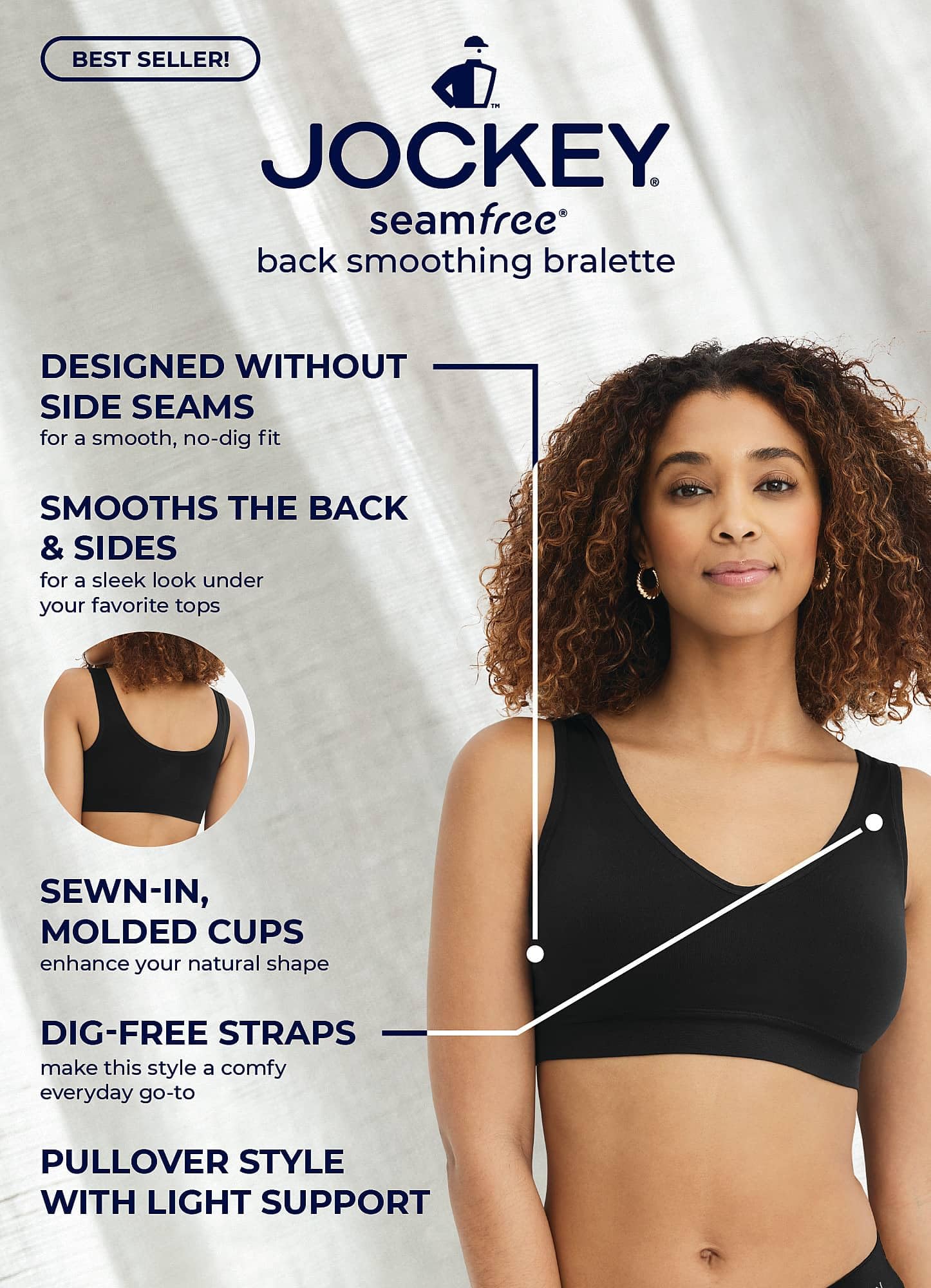 Jockey Women's Bra Seamfree Back Smoothing Bralette, White, XL