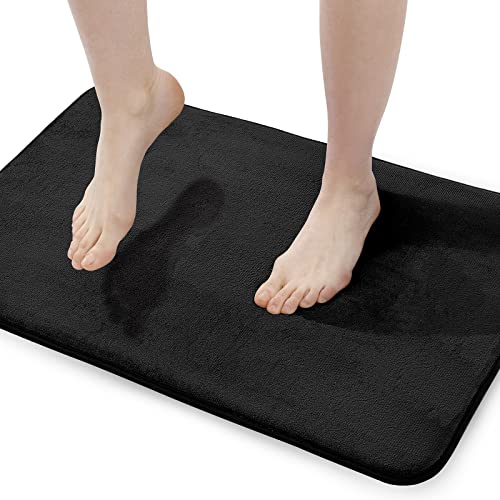 Walensee Extra Thick Memory Foam Bath Rug (17x24 Black) Non Slip Absorbent Super Cozy Velvet Bathroom Mat, Luxury Soft Plush Small Carpet for Bath Room Shower Floor Tub, Machine Wash Dry