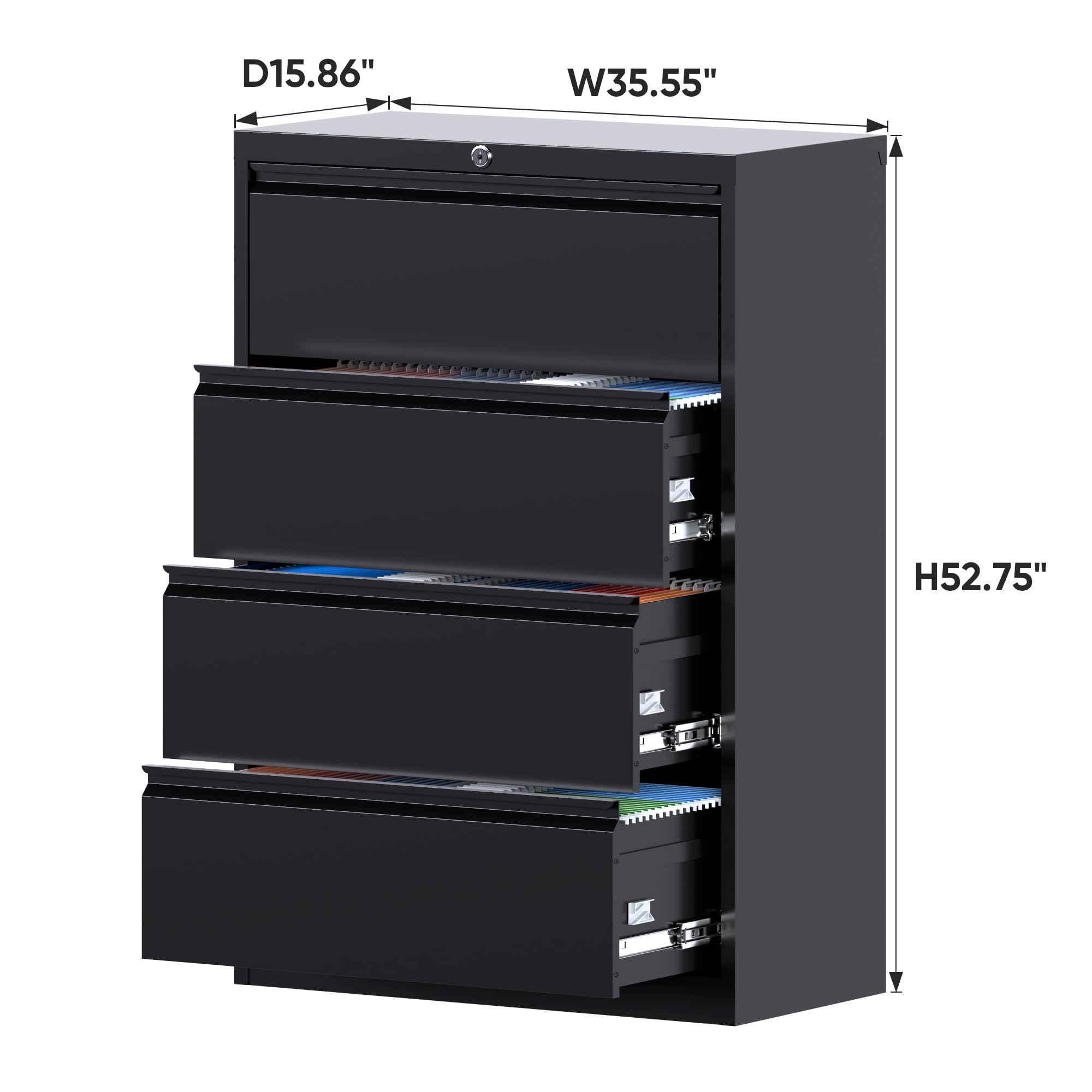AOBABO 4 Drawer Lateral Steel File Organizing Cabinet with Locking System and Adjustable Hanging Bars for Letter/Legal Size Paper, Black