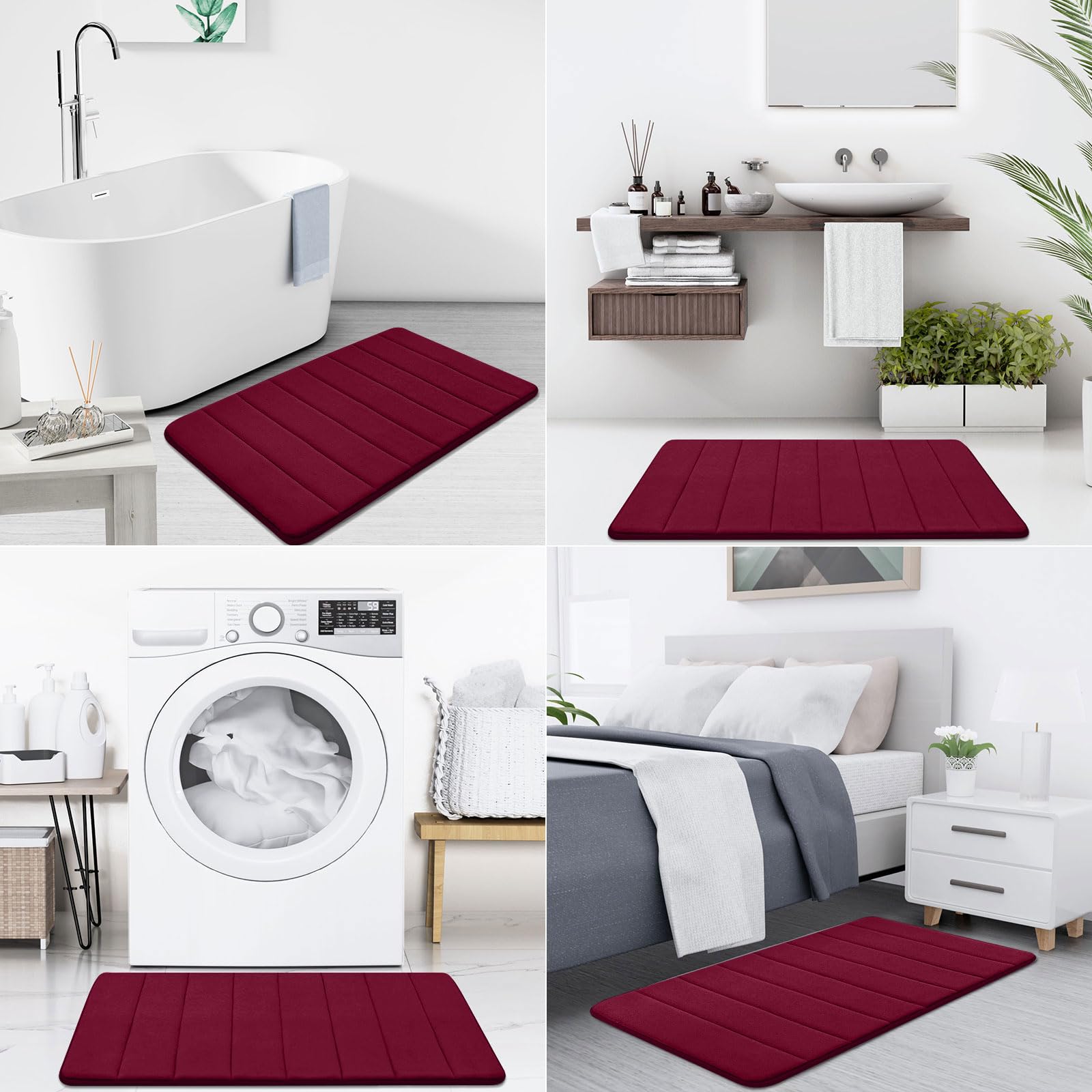 Buganda Memory Foam 3 Pieces Bathroom Rugs Set - Thick Soft Absorbent Non-Slip Bath Mats, Washable Small/Large/Contour Bath Rugs (24" x 16" + 30" x 20" + 24" x 20", Wine Red)