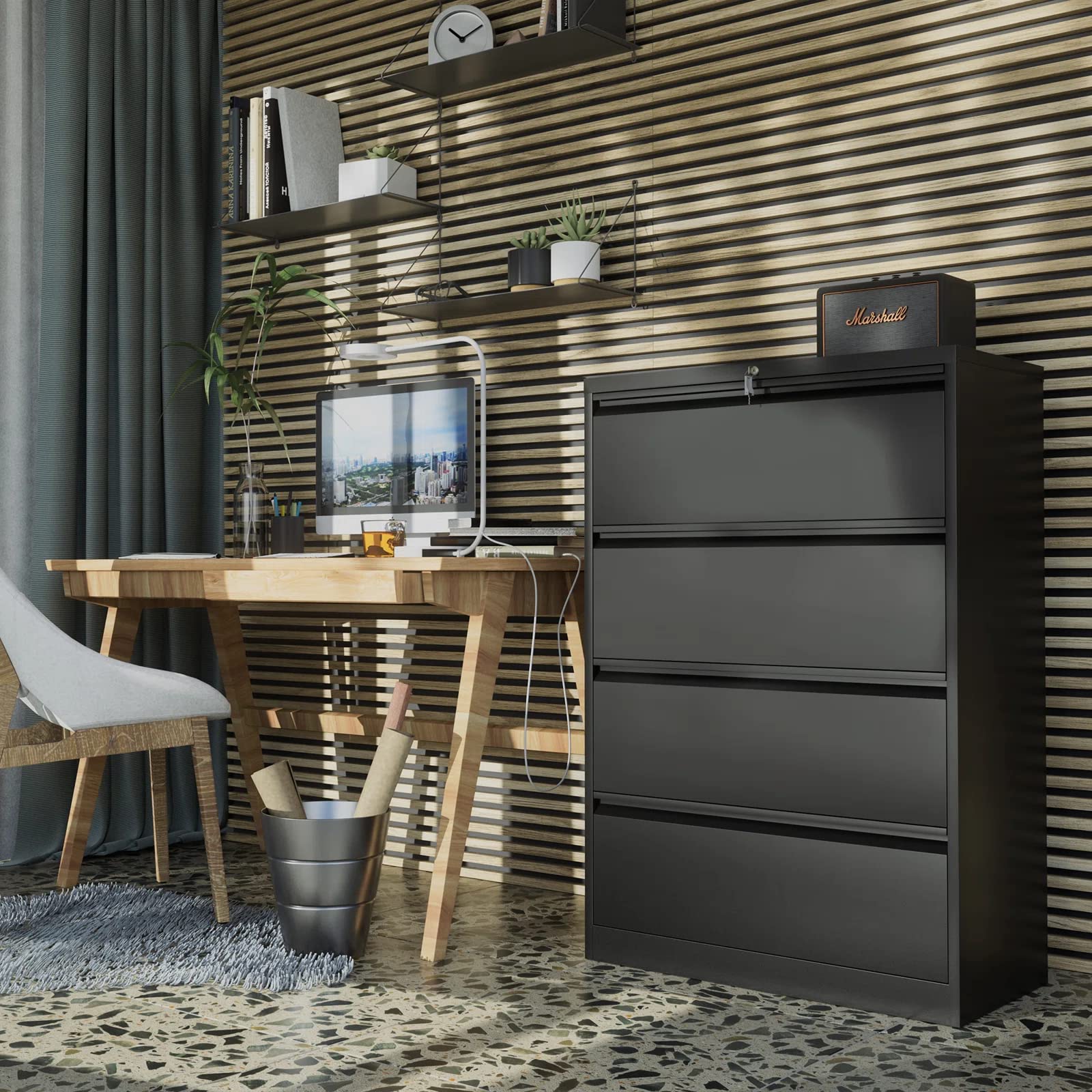AOBABO 4 Drawer Lateral Steel File Organizing Cabinet with Locking System and Adjustable Hanging Bars for Letter/Legal Size Paper, Black