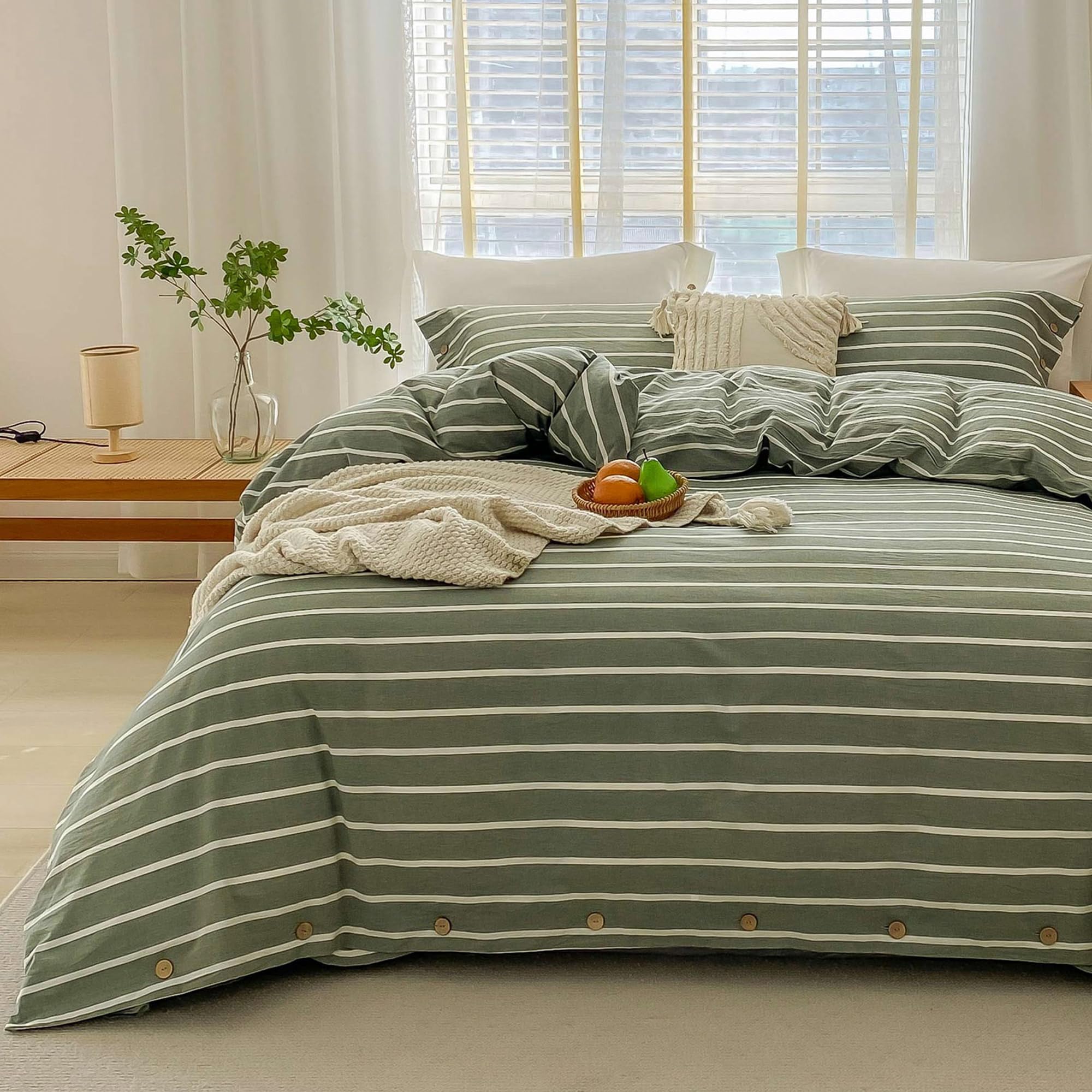 JELLYMONI Bedding Duvet Cover Twin Size - 100% Washed Cotton Linen Like Textured Striped Comforter Cover, 3 Pieces Breathable Soft Bedding Set with Button Closure (Green&White Stripe, Twin 68"x90")