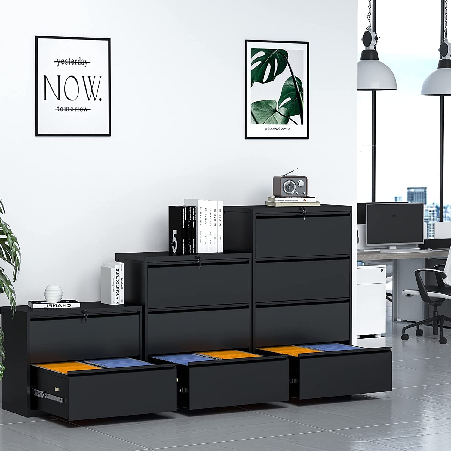 AOBABO 4 Drawer Lateral Steel File Organizing Cabinet with Locking System and Adjustable Hanging Bars for Letter/Legal Size Paper, Black
