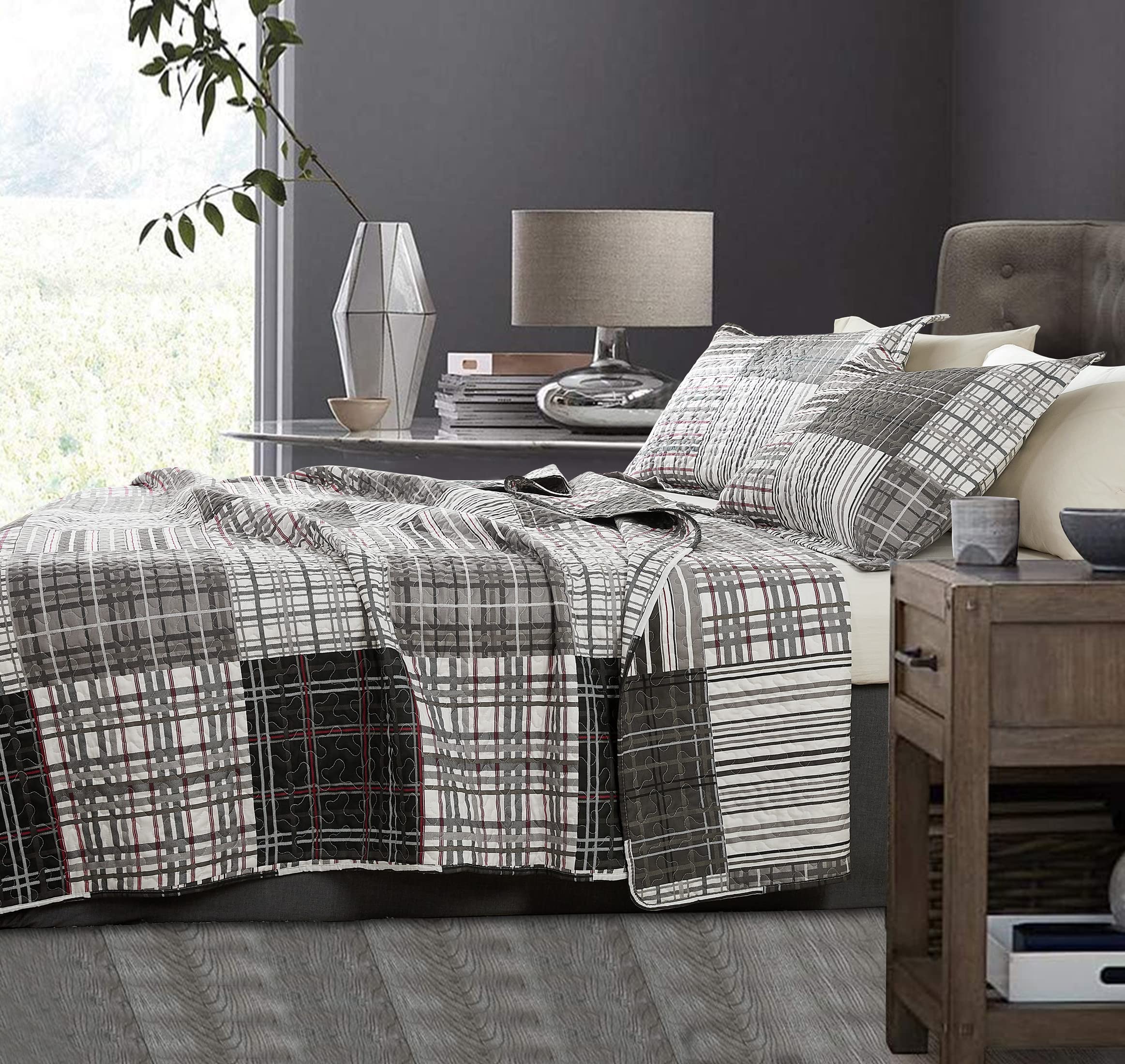 Bedspread Set Twin Size Quilt Set Plaid Bed Spread Coverlet Black White Grey Plaid Patchwork Stripe Modern Quilt Bedspread Bedding Soft Lightweight Reversible Home Bedding Mens Quilts for Twin Bed