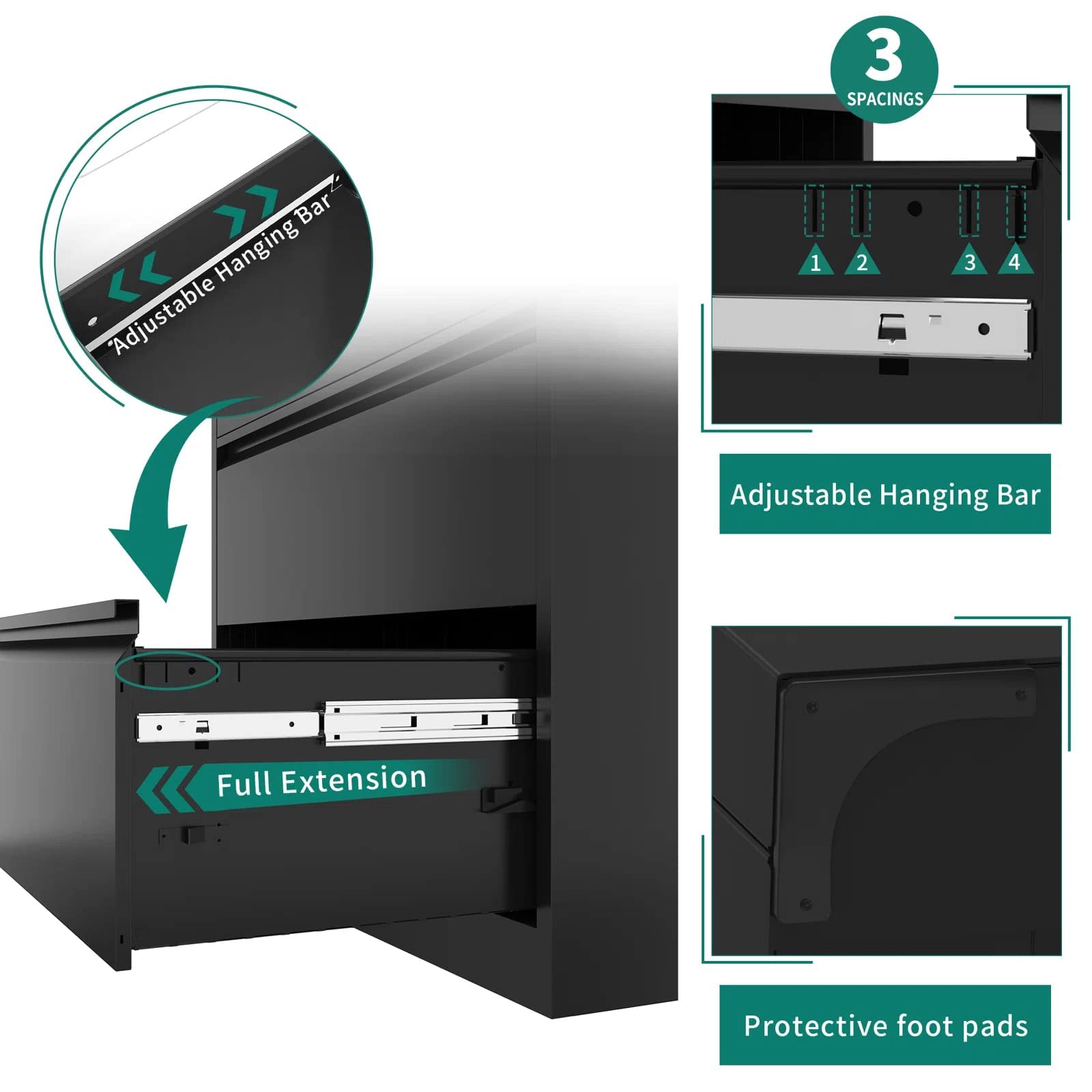 AOBABO 4 Drawer Lateral Steel File Organizing Cabinet with Locking System and Adjustable Hanging Bars for Letter/Legal Size Paper, Black