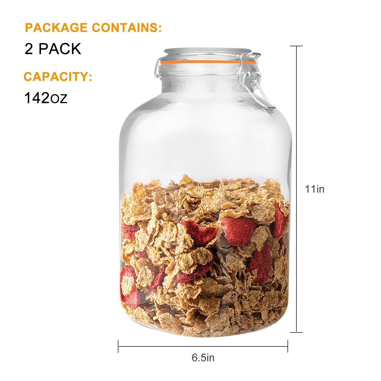 142 oz Large Glass Jars,Canning Jars With Airtight Lid And Leak Proof Rubber Gasket 4L,Mason Jars With Hinged Lids,Gallon Jars For Fermenting,Big Kitchen Canisters,Storage Containers For Food 2 Pack …