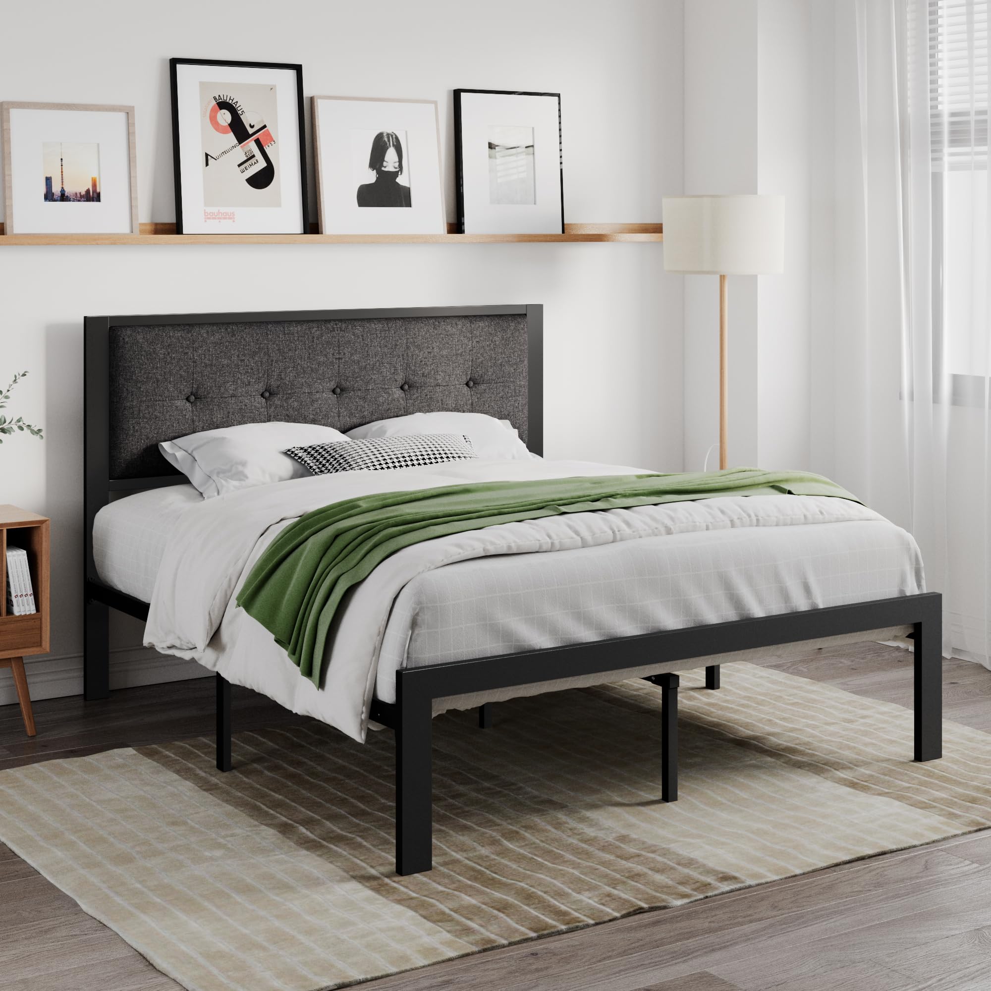 SHA CERLIN Full Size Metal Platform Bed Frame with Upholstered Button Tufted Headboard, Easy Assembly, Dark Grey