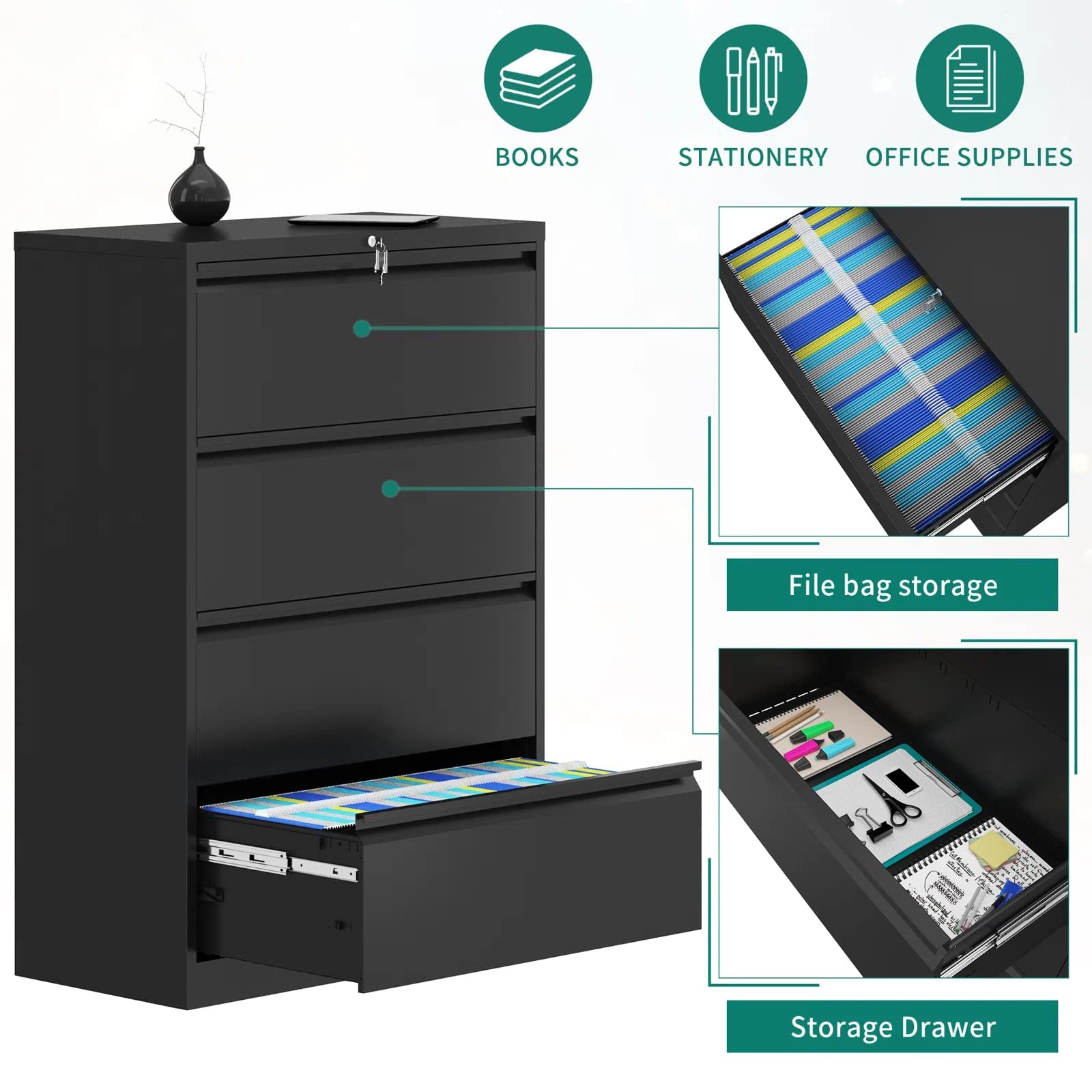 AOBABO 4 Drawer Lateral Steel File Organizing Cabinet with Locking System and Adjustable Hanging Bars for Letter/Legal Size Paper, Black