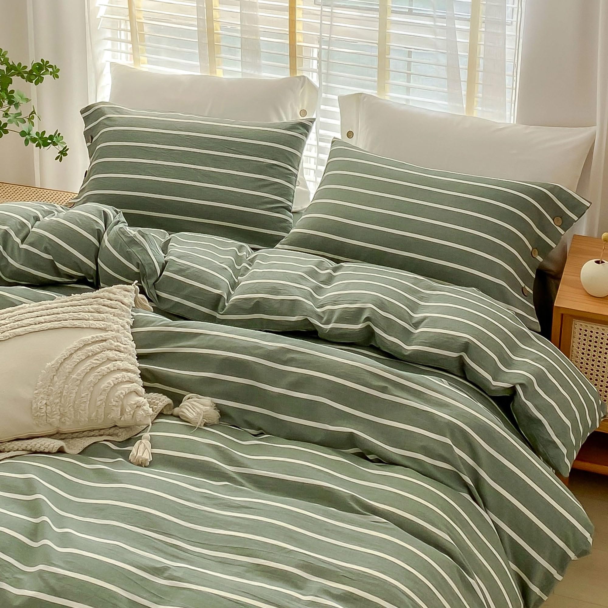 JELLYMONI Bedding Duvet Cover Twin Size - 100% Washed Cotton Linen Like Textured Striped Comforter Cover, 3 Pieces Breathable Soft Bedding Set with Button Closure (Green&White Stripe, Twin 68"x90")