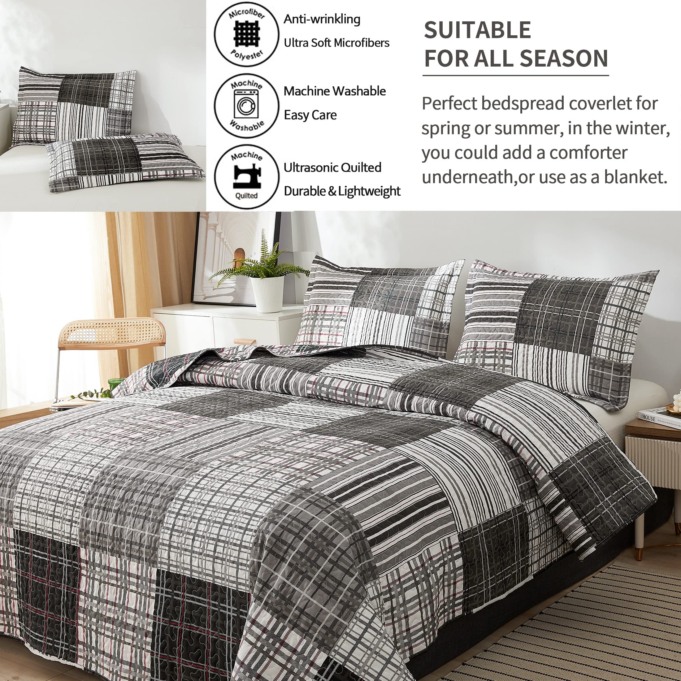 Bedspread Set Twin Size Quilt Set Plaid Bed Spread Coverlet Black White Grey Plaid Patchwork Stripe Modern Quilt Bedspread Bedding Soft Lightweight Reversible Home Bedding Mens Quilts for Twin Bed