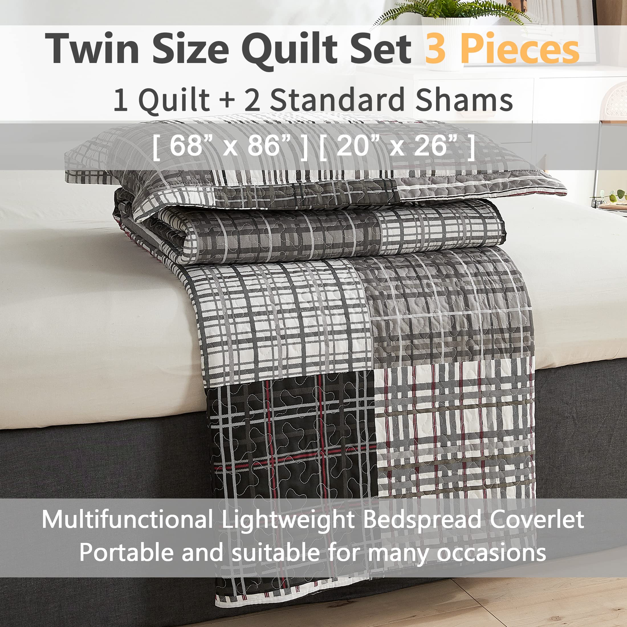 Bedspread Set Twin Size Quilt Set Plaid Bed Spread Coverlet Black White Grey Plaid Patchwork Stripe Modern Quilt Bedspread Bedding Soft Lightweight Reversible Home Bedding Mens Quilts for Twin Bed