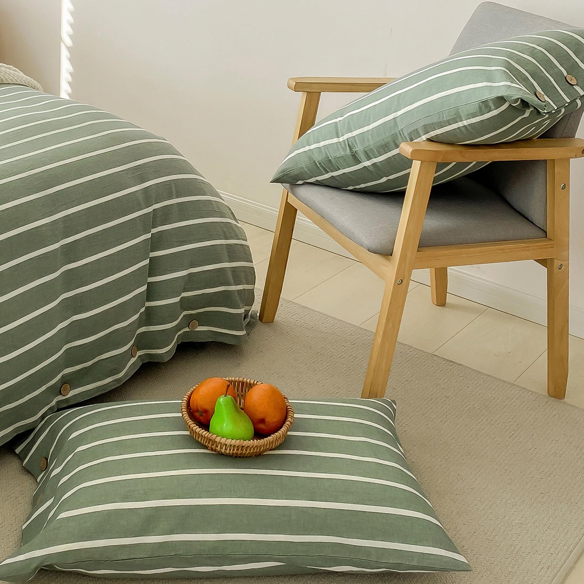 JELLYMONI Bedding Duvet Cover Twin Size - 100% Washed Cotton Linen Like Textured Striped Comforter Cover, 3 Pieces Breathable Soft Bedding Set with Button Closure (Green&White Stripe, Twin 68"x90")