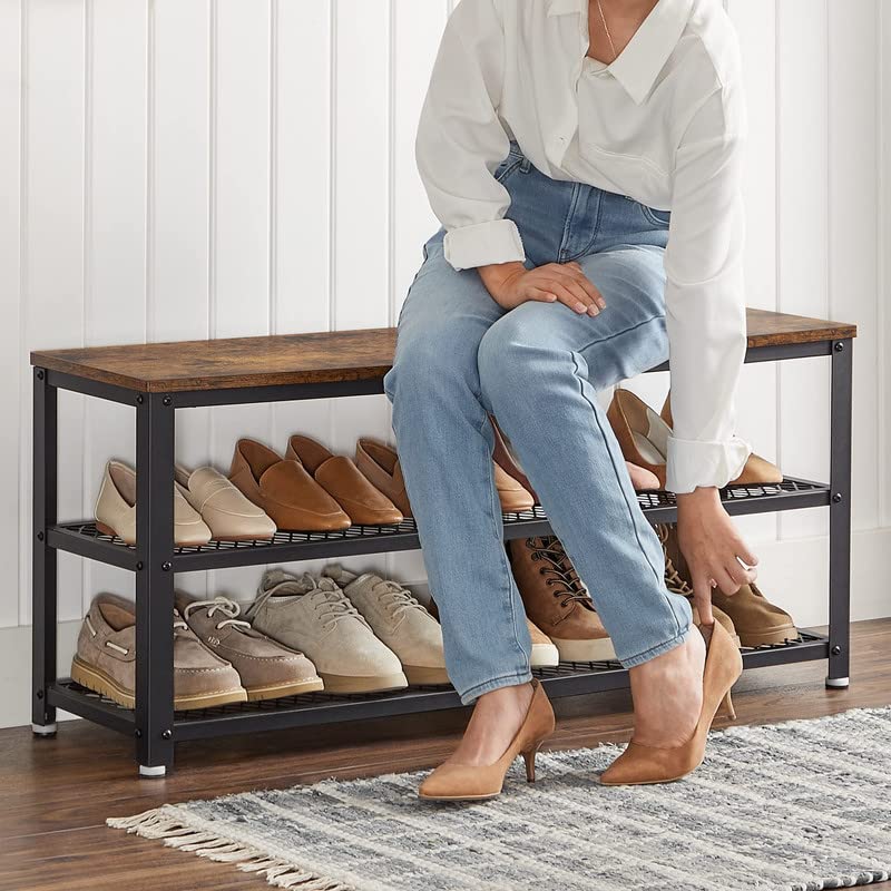 VASAGLE, 3-Tier Shoe Rack, Shelf Storage Bench with Metal Mesh Shelves and Seat, Free Standing Shoe Organizer for Entryway, 11.8 x 39.4 x 17.7 Inches, Rustic Brown and Black ULBS078B01