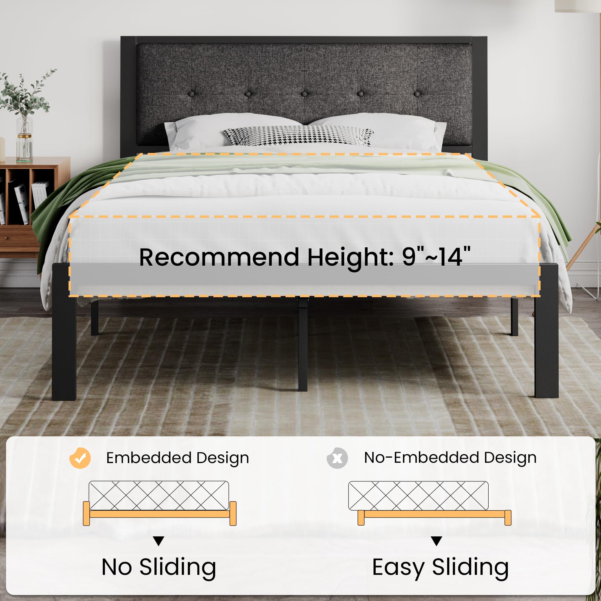 SHA CERLIN Full Size Metal Platform Bed Frame with Upholstered Button Tufted Headboard, Easy Assembly, Dark Grey