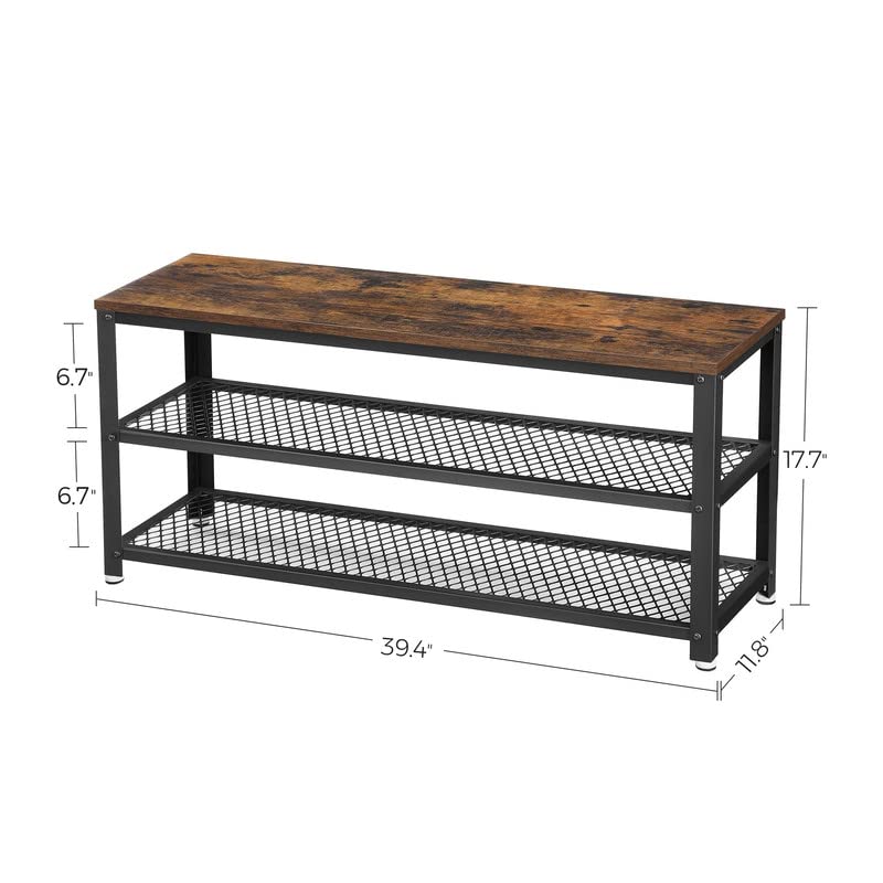 VASAGLE, 3-Tier Shoe Rack, Shelf Storage Bench with Metal Mesh Shelves and Seat, Free Standing Shoe Organizer for Entryway, 11.8 x 39.4 x 17.7 Inches, Rustic Brown and Black ULBS078B01