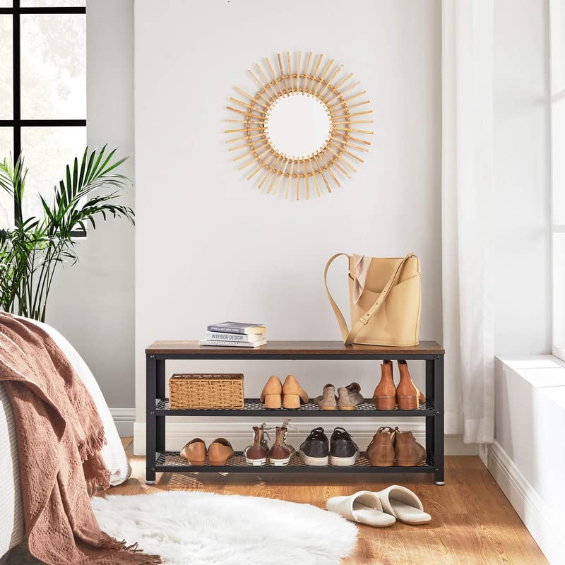 VASAGLE, 3-Tier Shoe Rack, Shelf Storage Bench with Metal Mesh Shelves and Seat, Free Standing Shoe Organizer for Entryway, 11.8 x 39.4 x 17.7 Inches, Rustic Brown and Black ULBS078B01