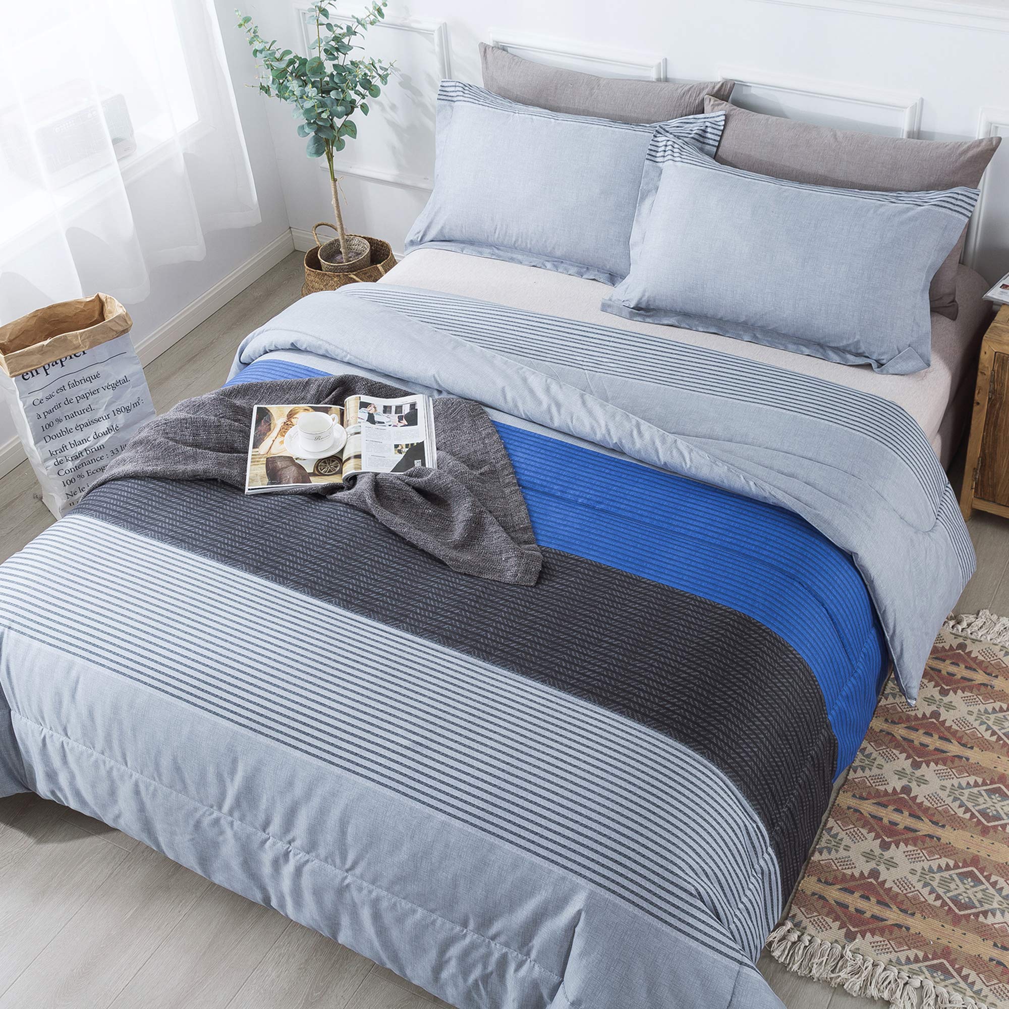 Andency Twin Comforter Set Blue (66x90 Inch), 2 Pieces Patchwork Striped Comforter Bed Sets for Boys, Soft Microfiber Down Alternative Comforter Bedding Set with Corner Loops