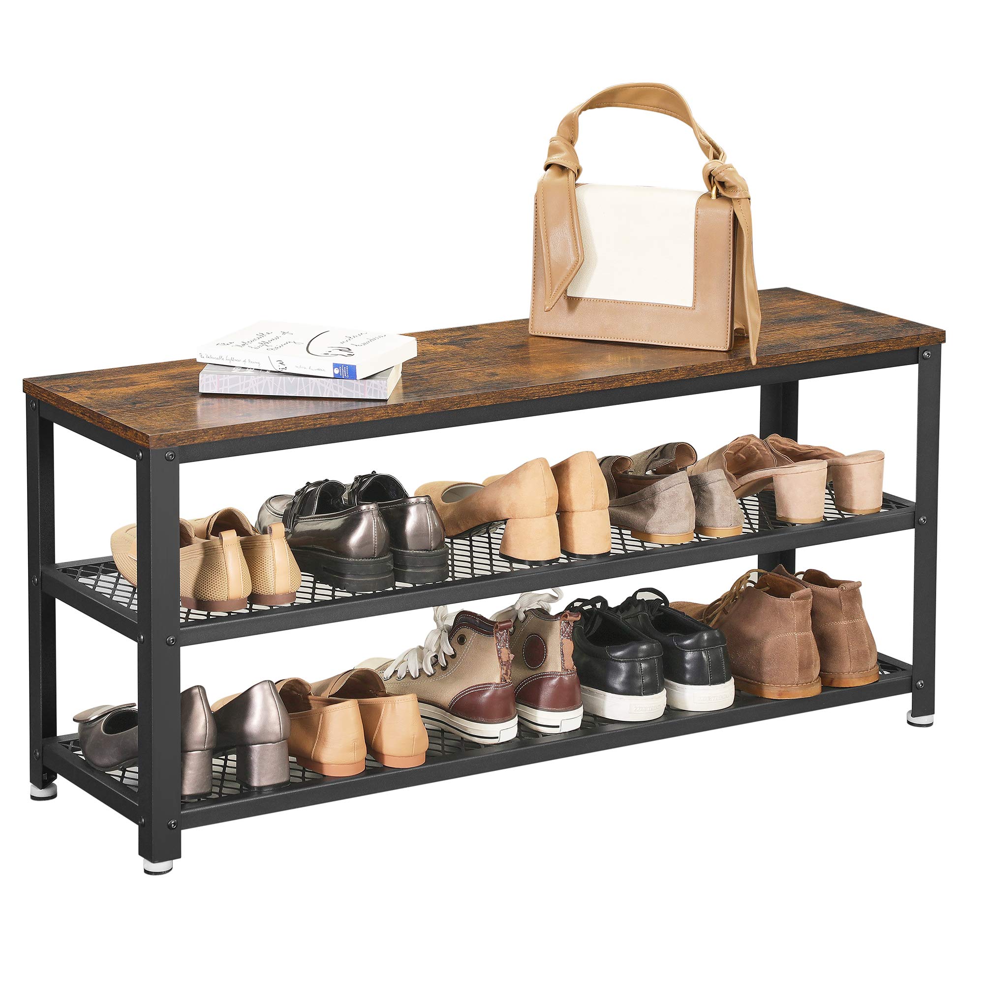 VASAGLE, 3-Tier Shoe Rack, Shelf Storage Bench with Metal Mesh Shelves and Seat, Free Standing Shoe Organizer for Entryway, 11.8 x 39.4 x 17.7 Inches, Rustic Brown and Black ULBS078B01
