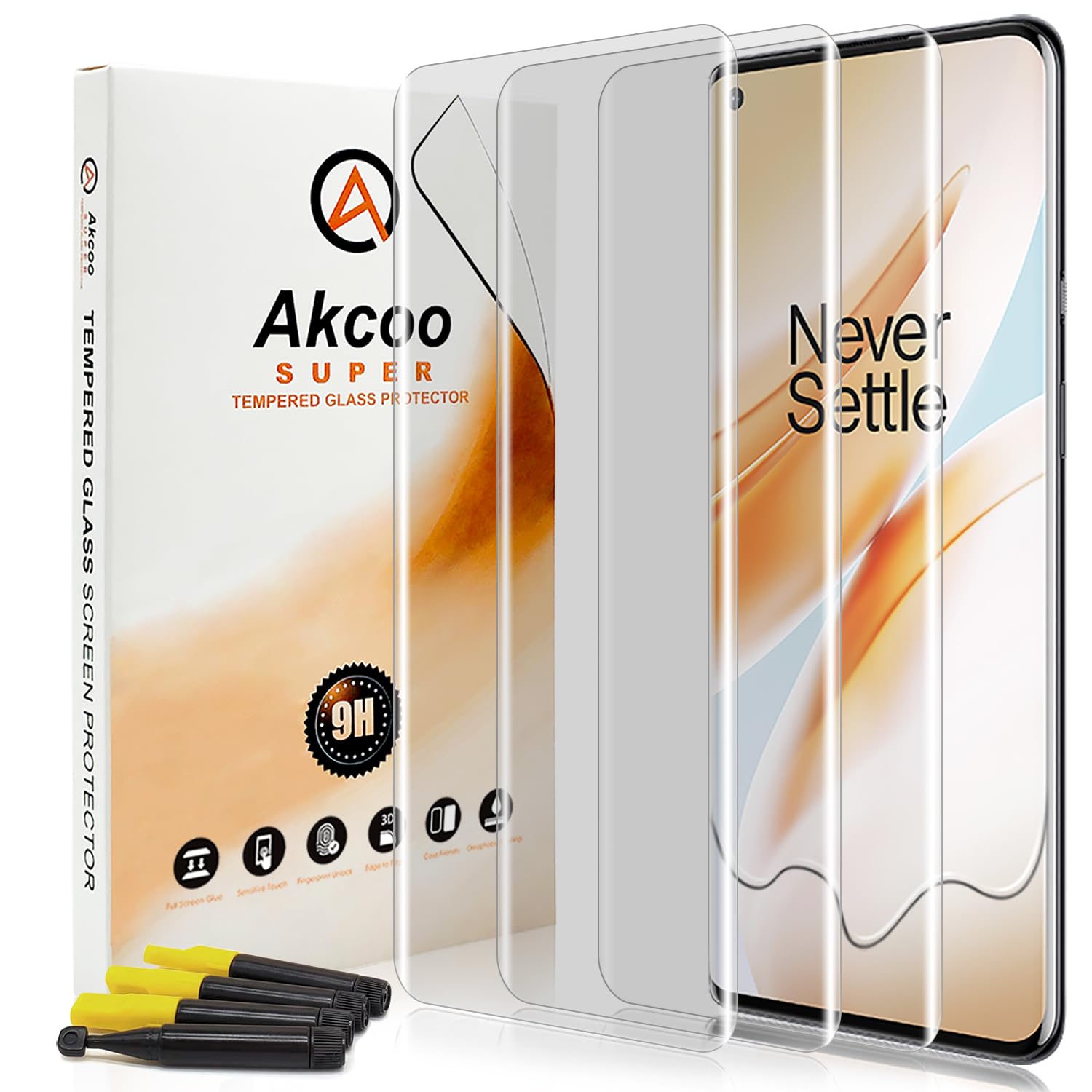 Akcoo [3 Pack OnePlus 8 Pro Screen Protector Tempered Glass, UV Set, Full Screen Adhesive, Scratch Repair,Sensitive Touch,Fingerprint-ID Compatible