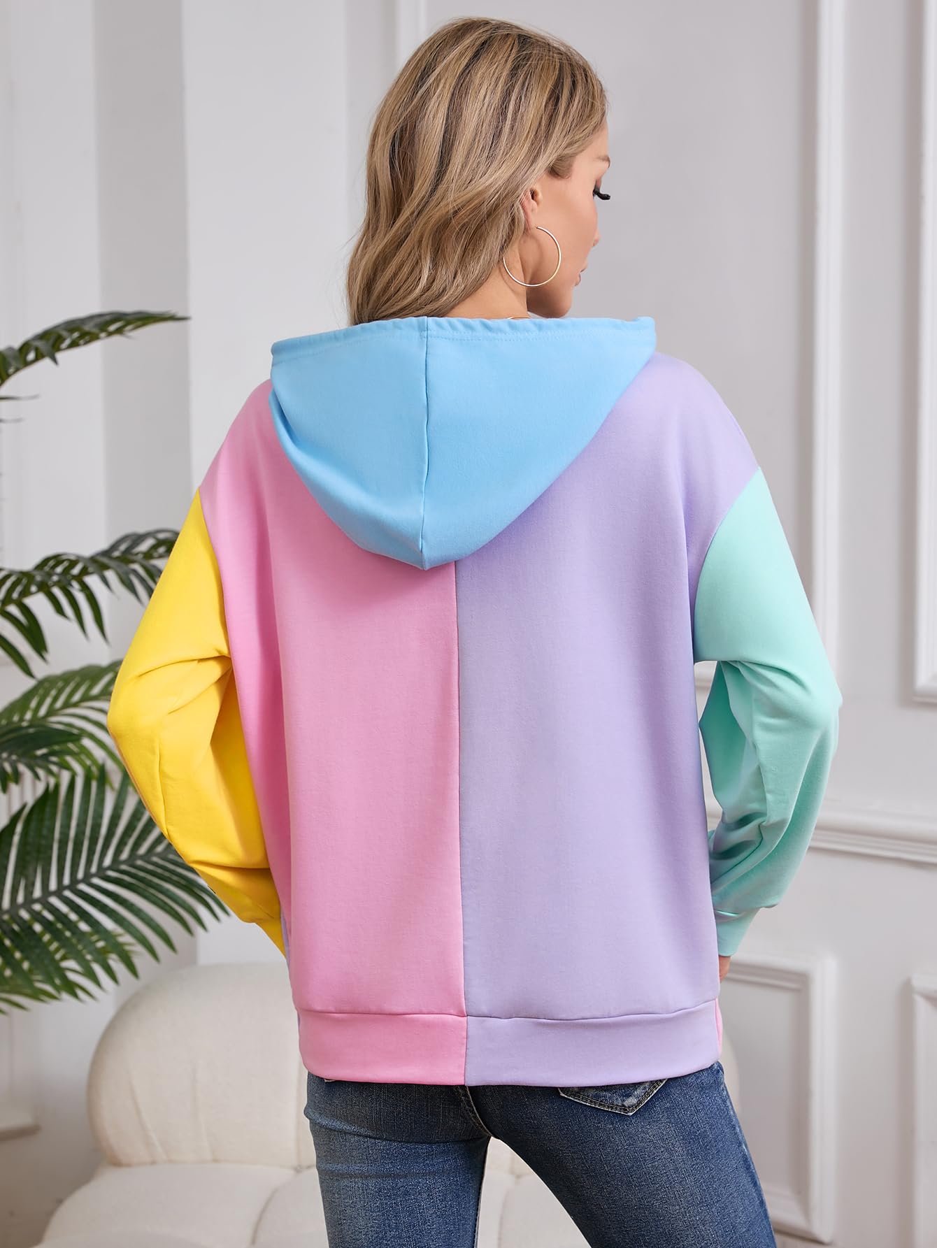 SweatyRocks Women's Cute Color Block Long Sleeve Pullover Hooded Sweatshirts Top Purple Pink M