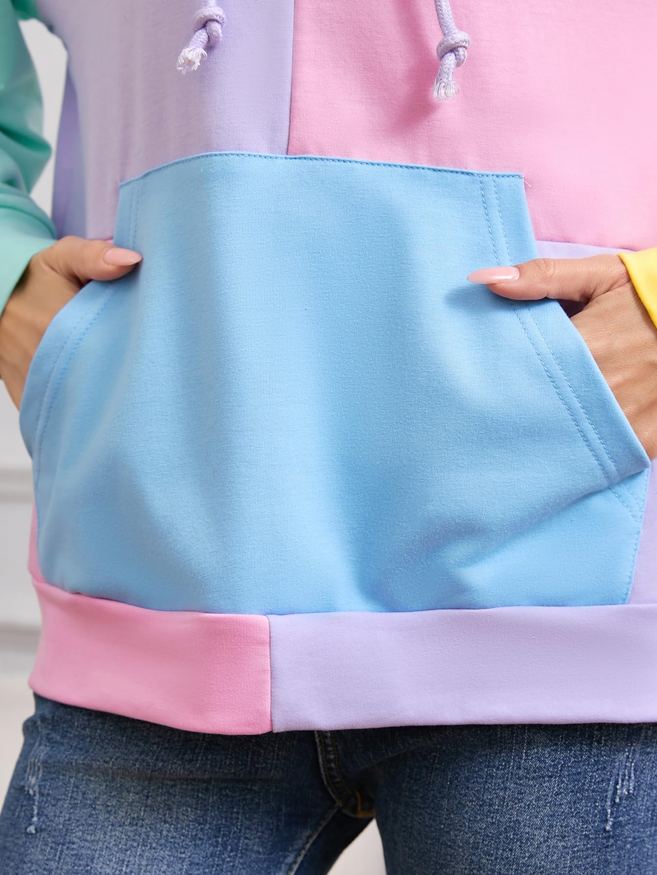 SweatyRocks Women's Cute Color Block Long Sleeve Pullover Hooded Sweatshirts Top Purple Pink M