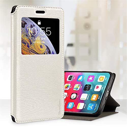 Oppo Reno 2 Case, Wood Grain Leather Case with Card Holder and Window, Magnetic Flip Cover for Oppo Reno 2