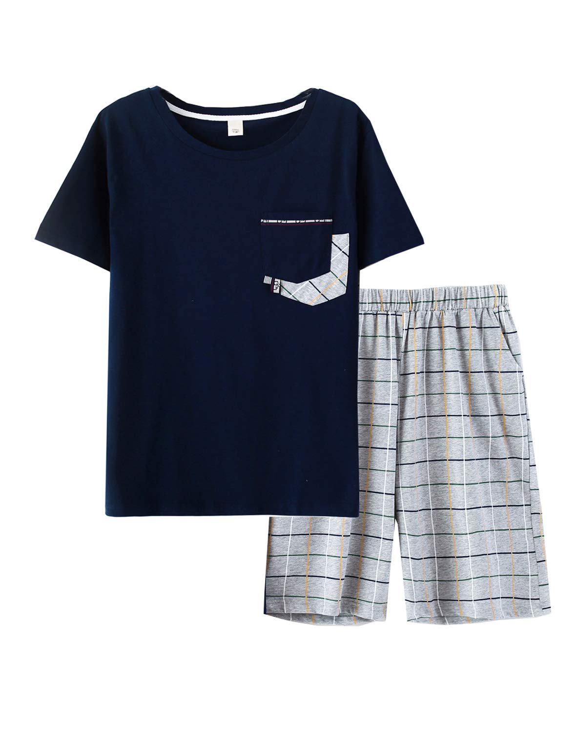 Leisure Home Big Boys Pajamas,Long Plaid Strips Cotton Shorts Tee Shirt Sleepwear Teens 8-18 Years (10-12 Years, BuleGrey), BoyPJS009