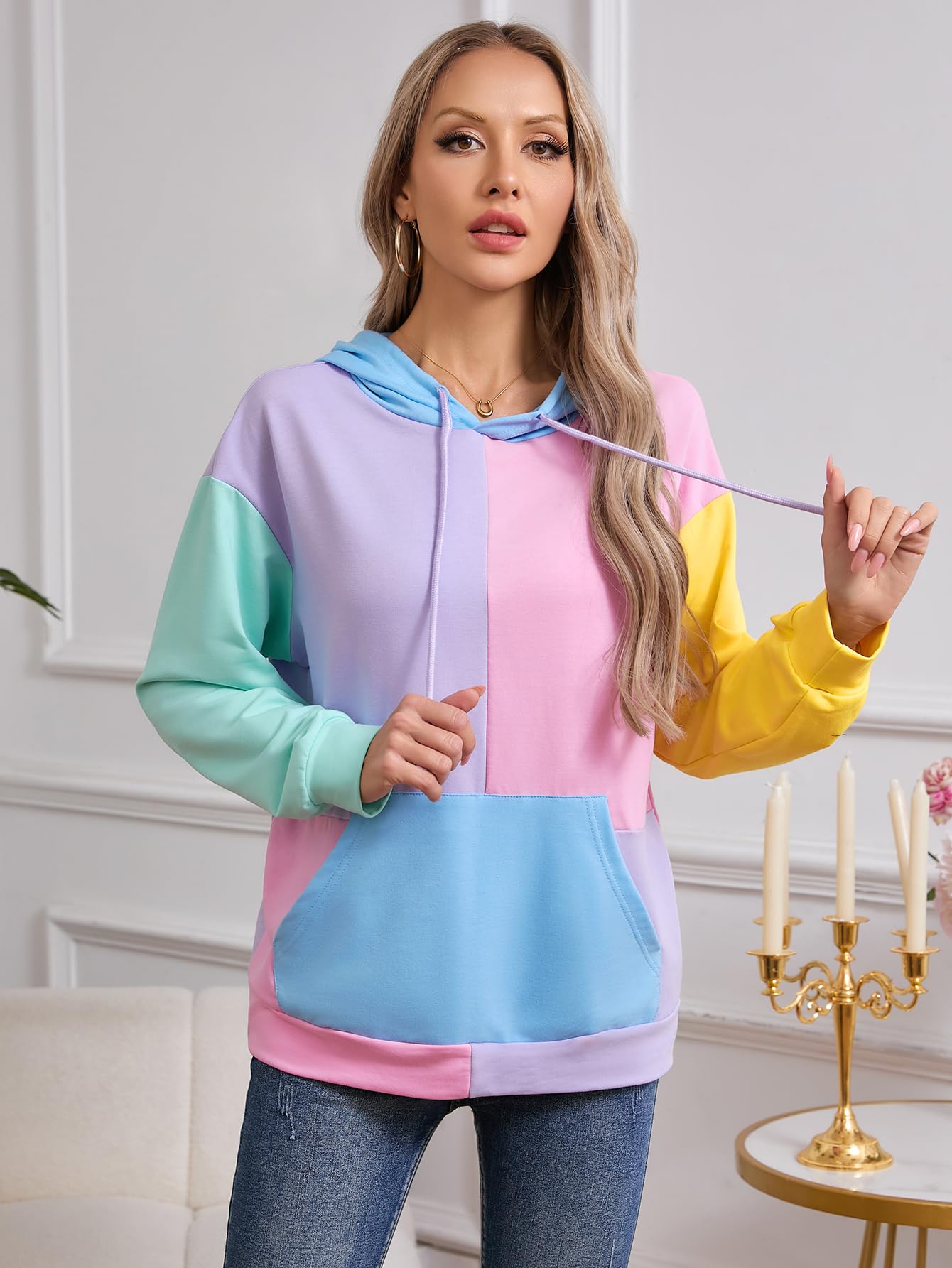 SweatyRocks Women's Cute Color Block Long Sleeve Pullover Hooded Sweatshirts Top Purple Pink M