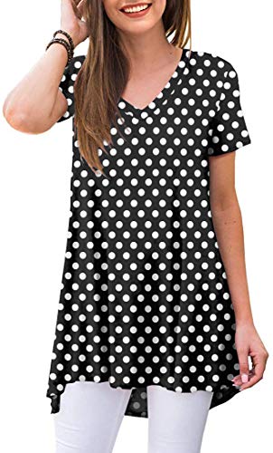 POPYOUNG Women's Long Tunic Tops to Wear with Leggings Summer Short Sleeve Loose Fit Dressy Shirts M-5XL M, Polka Dot Black