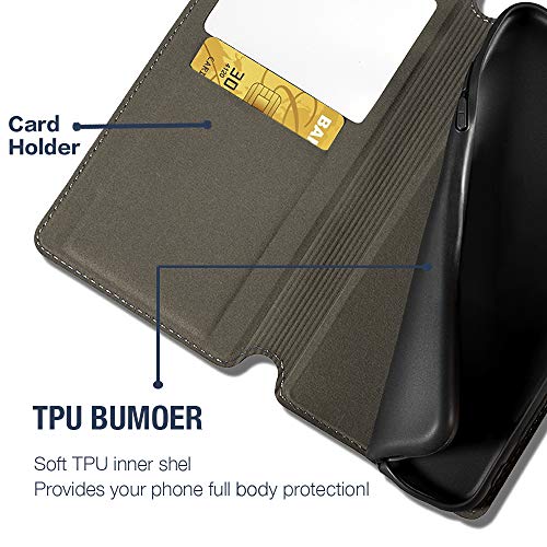 Oppo Reno 2 Case, Wood Grain Leather Case with Card Holder and Window, Magnetic Flip Cover for Oppo Reno 2