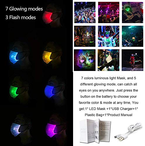 HLBVS LED Rave Mask Light Up Face Mask Glowing 7 Colors Luminous Costumes for Party (White)