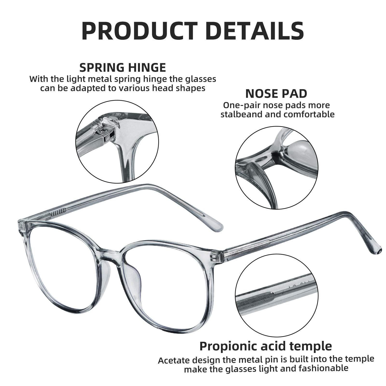 FONHCOO Blue Light Blocking Glasses Fashion Round TR90 Frame Transparent Eyewear Anti UV Blu-Ray Computer Glasses for Women Men (Grey)