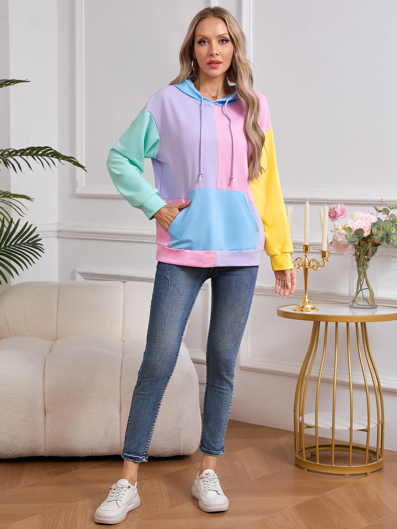 SweatyRocks Women's Cute Color Block Long Sleeve Pullover Hooded Sweatshirts Top Purple Pink M