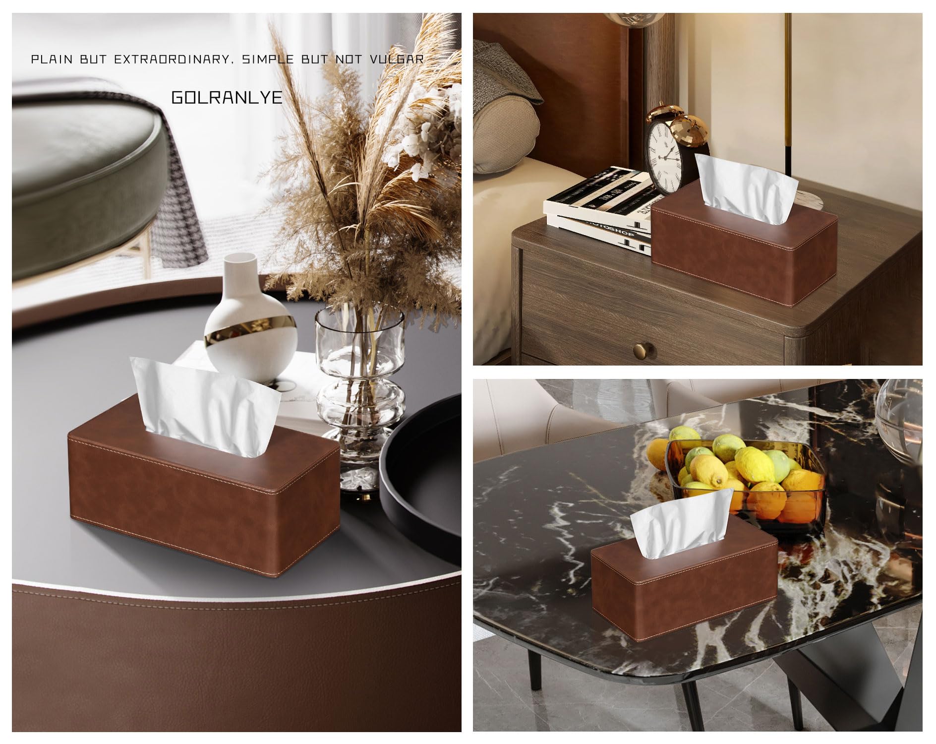 GOLRANLYE Tissue Box Cover Rectangular 9.8"(L) x 5.3"(W) x 4.3"(H) Refined Modern PU Leather Facial Tissue Dispenser Box Holder for Dresser Bathroom Decorative (Brown)