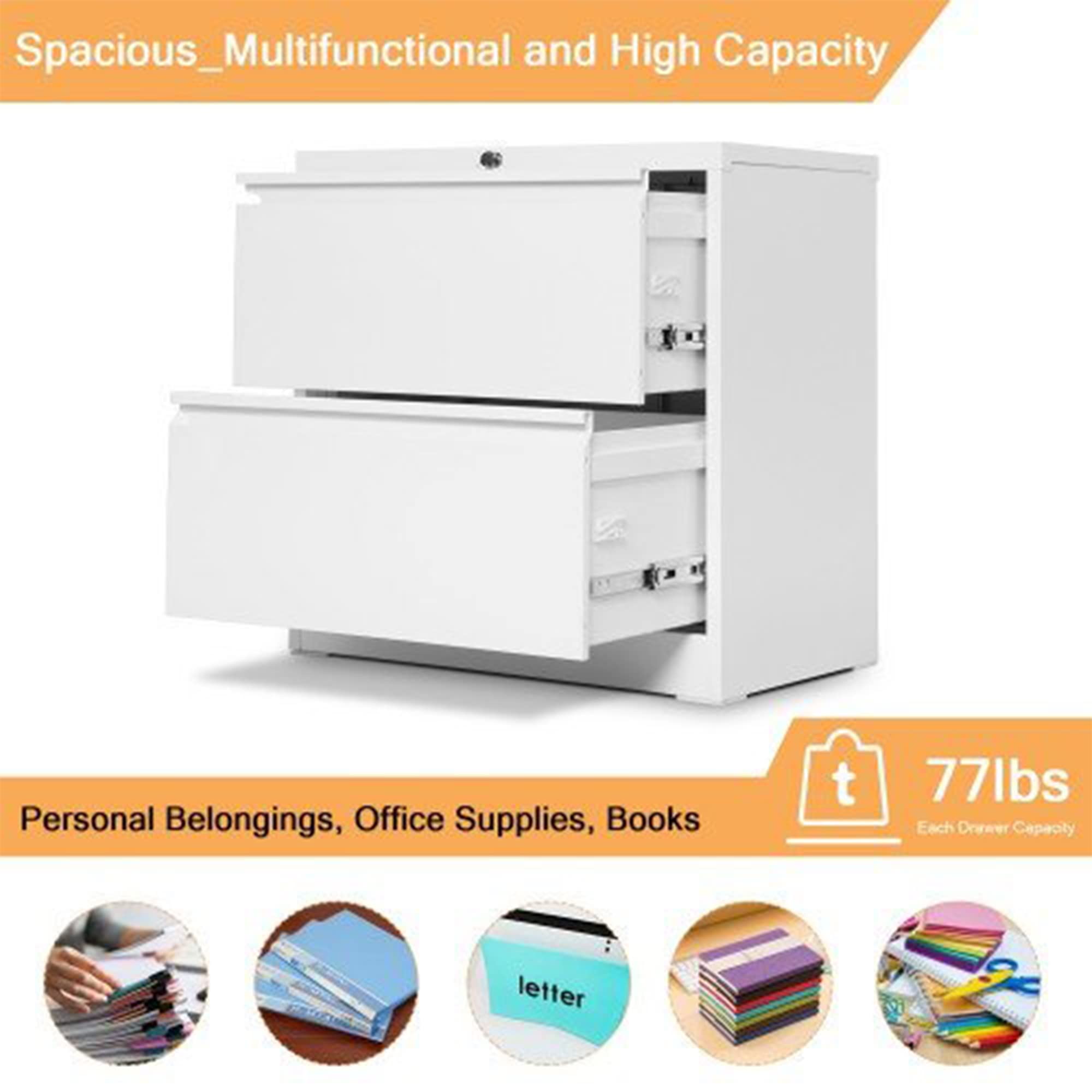 Aobabo 28.3 Inch Long Locking 2 Drawer Anti Tilt Steel Metal Office Storage Filing Cabinet with File Hanging Bar and 2 Keys, White