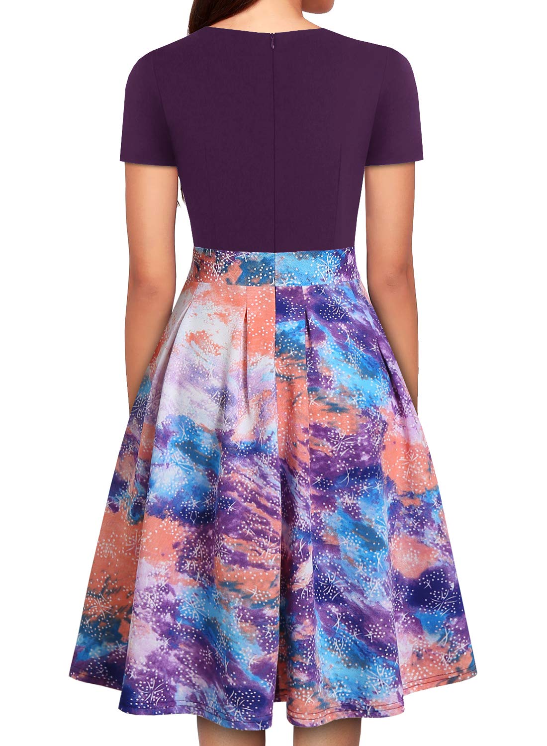 YATHON Women's Vintage Floral Flared A-Line Swing Casual Party Dresses with Pockets (M, YT018-Purple ZR)