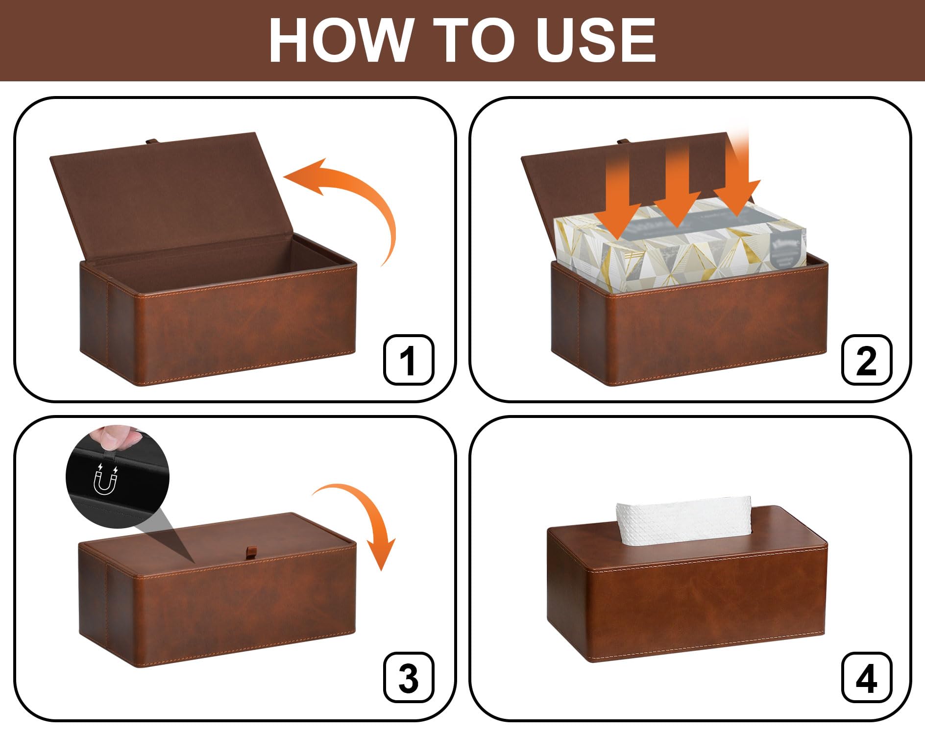 GOLRANLYE Tissue Box Cover Rectangular 9.8"(L) x 5.3"(W) x 4.3"(H) Refined Modern PU Leather Facial Tissue Dispenser Box Holder for Dresser Bathroom Decorative (Brown)