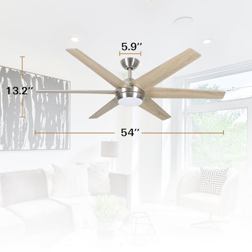 hykolity 54 inch Indoor Modern Ceiling Fan with Integrated LED Lights and Remote Control, 6 Blades, 6 Speed, Dimmable, 3CCT, Quiet Reversible Motor Ceiling Fan, Brushed Nickel