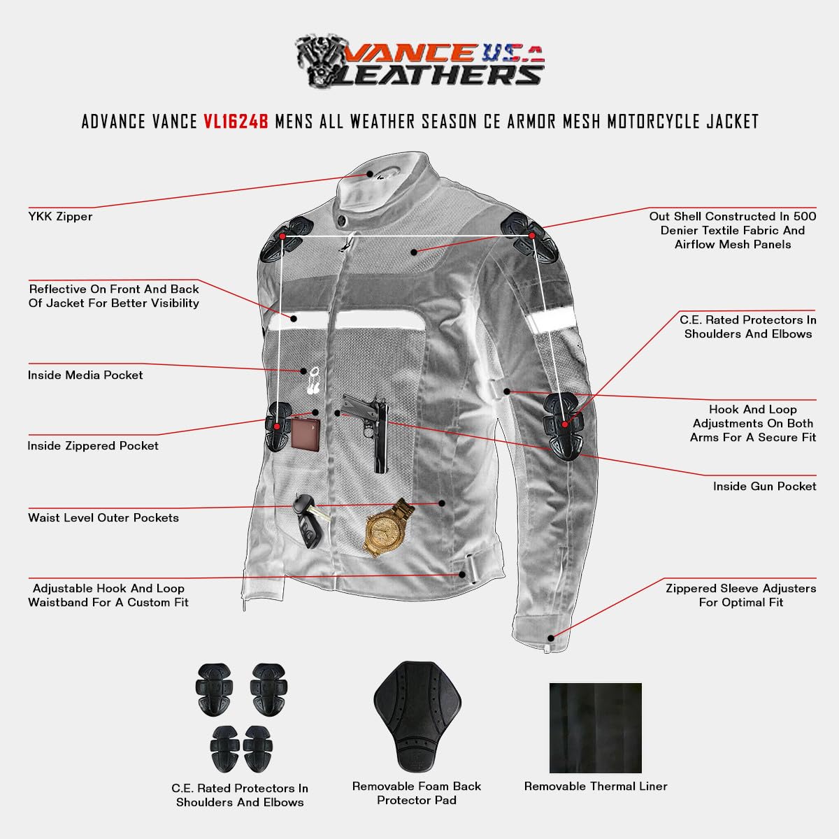 Vance Leather Revo Mens Black Advanced All-Season Reflective Mesh & Textile Motorcycle Jacket w/CE Armor & Removable Liner (Black, Large)