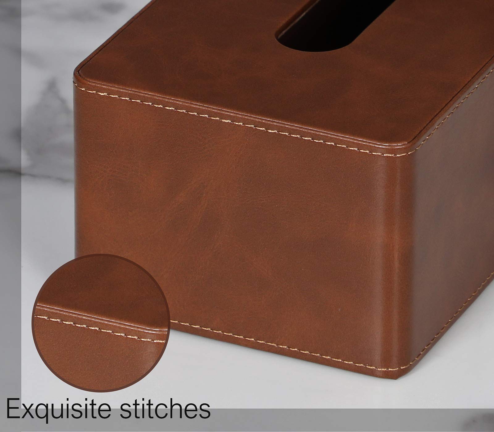 GOLRANLYE Tissue Box Cover Rectangular 9.8"(L) x 5.3"(W) x 4.3"(H) Refined Modern PU Leather Facial Tissue Dispenser Box Holder for Dresser Bathroom Decorative (Brown)