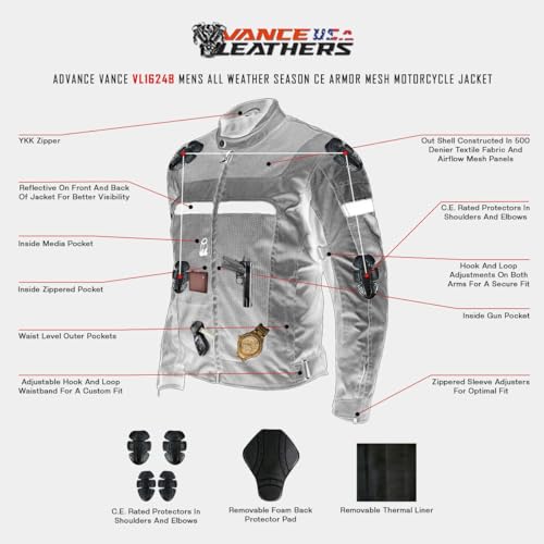 Vance Leather Revo Mens Black Advanced All-Season Reflective Mesh & Textile Motorcycle Jacket w/CE Armor & Removable Liner (Black, Large)