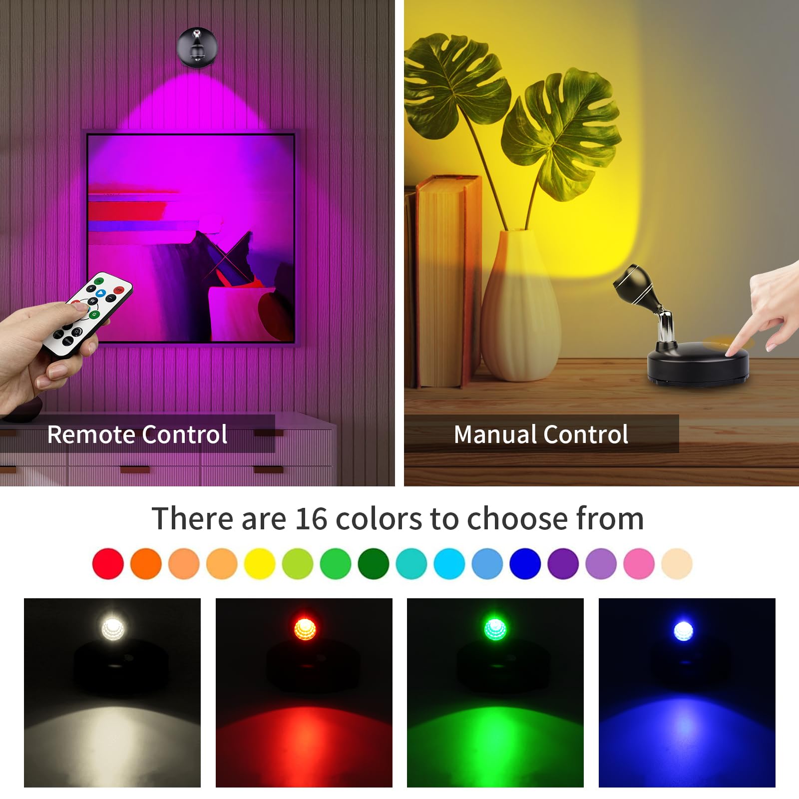 LEASTYLE LED Spot Light Indoor, Battery Operated Led Light Stick Up Lights with Remote, Mini Spotlight Dimmable Accent Lights for Lighting up Paintings Pictures(RGB 2 Pack)