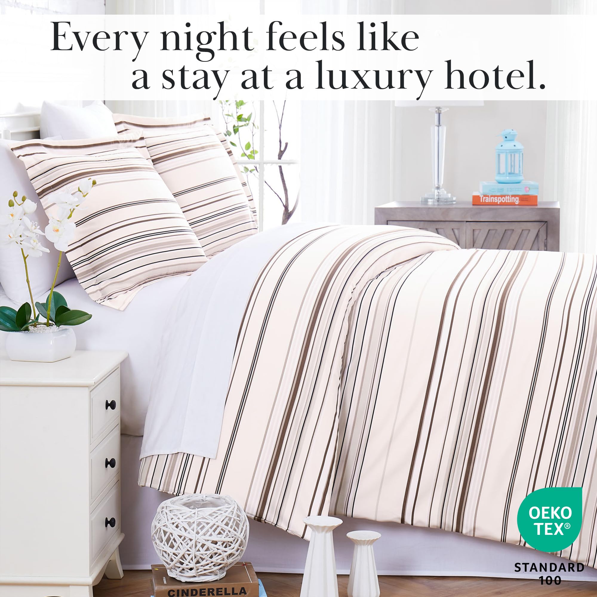 Southshore Fine Living, Inc. 3-Piece Full/Queen Size Comforter Set, Down Alternative All-Season Striped Comforter with 2 Shams, Soft Microfiber Bed Spread for Full or Queen Bed, Coastal Stripes Taupe
