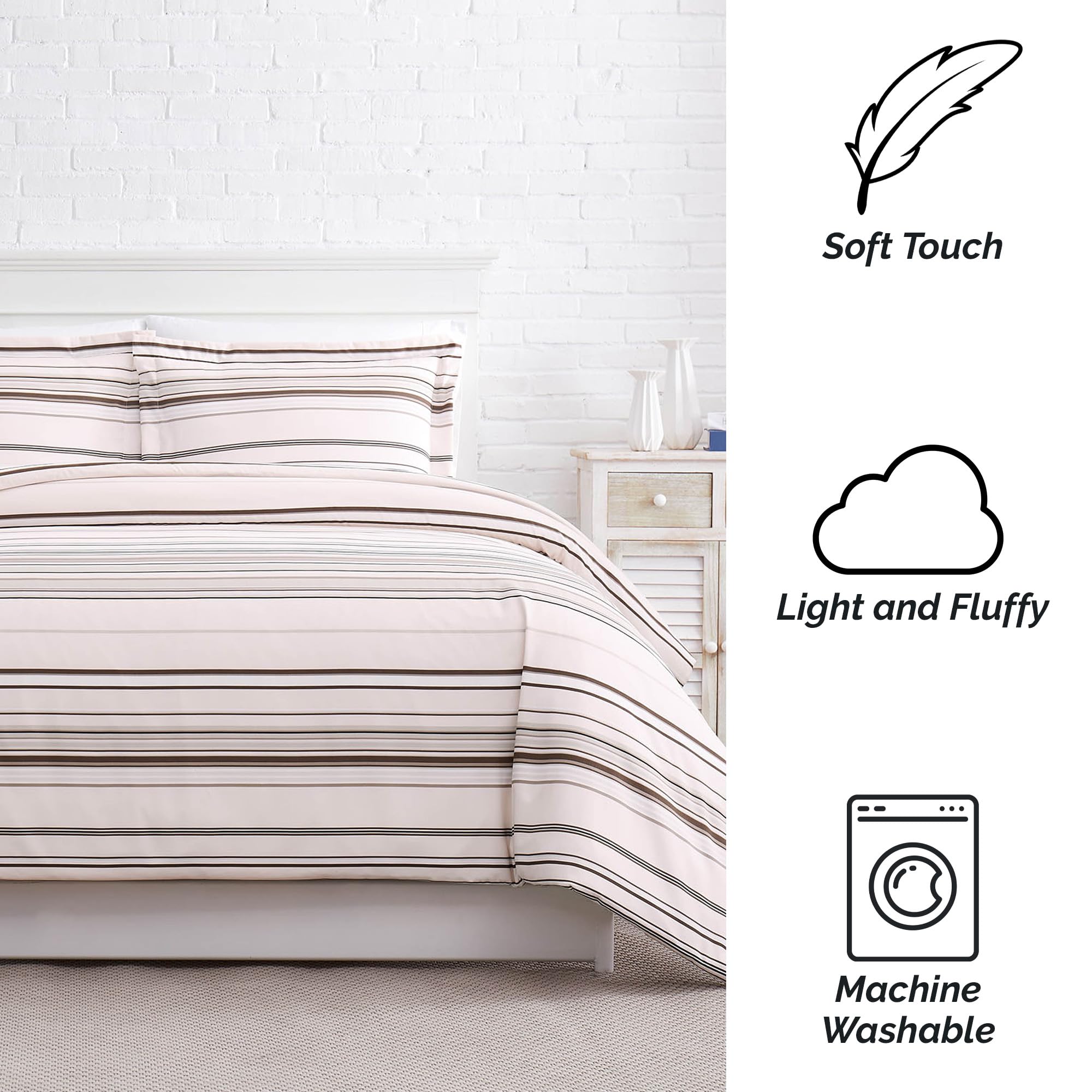 Southshore Fine Living, Inc. 3-Piece Full/Queen Size Comforter Set, Down Alternative All-Season Striped Comforter with 2 Shams, Soft Microfiber Bed Spread for Full or Queen Bed, Coastal Stripes Taupe
