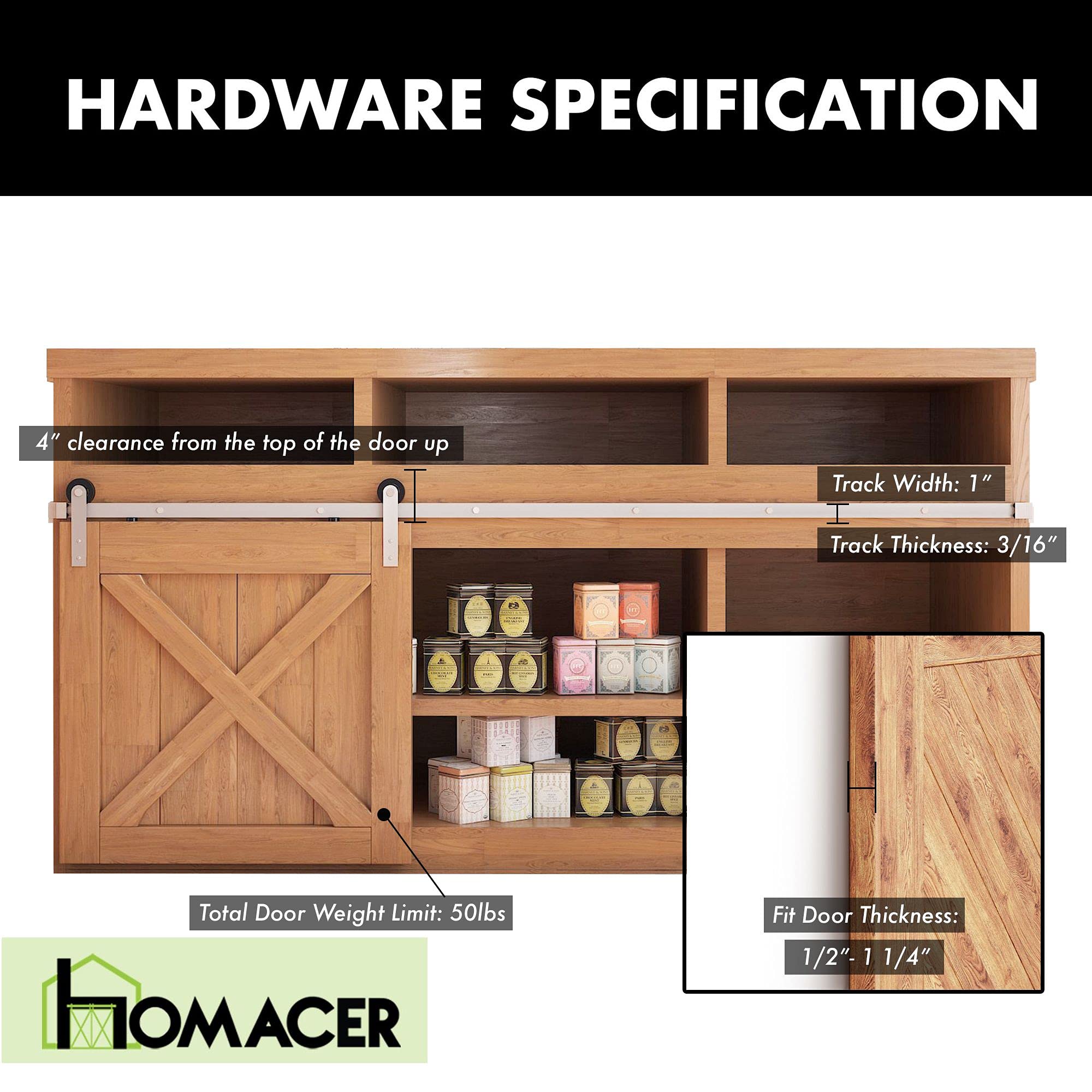 Homacer Mini Brushed Nickel Non-Bypass Sliding Barn Door Hardware Kit, for One/Single Door, 54-inch Long Flat Track, Straight Design Roller, Cabinet TV Stand Console Use…