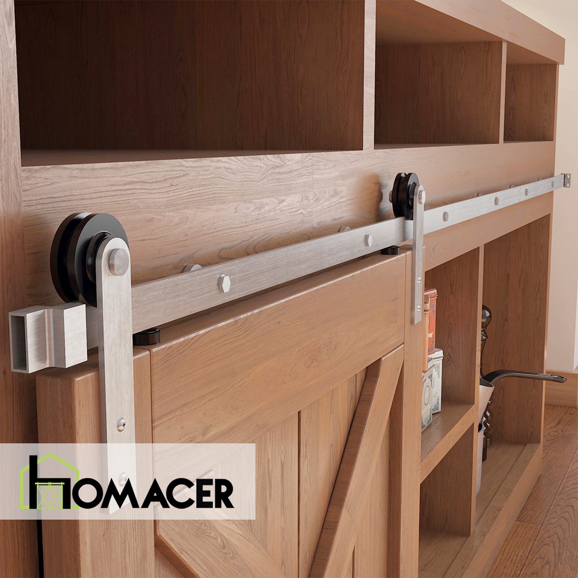 Homacer Mini Brushed Nickel Non-Bypass Sliding Barn Door Hardware Kit, for One/Single Door, 54-inch Long Flat Track, Straight Design Roller, Cabinet TV Stand Console Use…