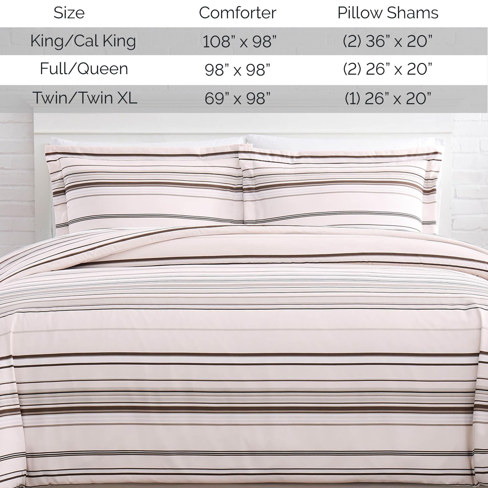 Southshore Fine Living, Inc. 3-Piece Full/Queen Size Comforter Set, Down Alternative All-Season Striped Comforter with 2 Shams, Soft Microfiber Bed Spread for Full or Queen Bed, Coastal Stripes Taupe