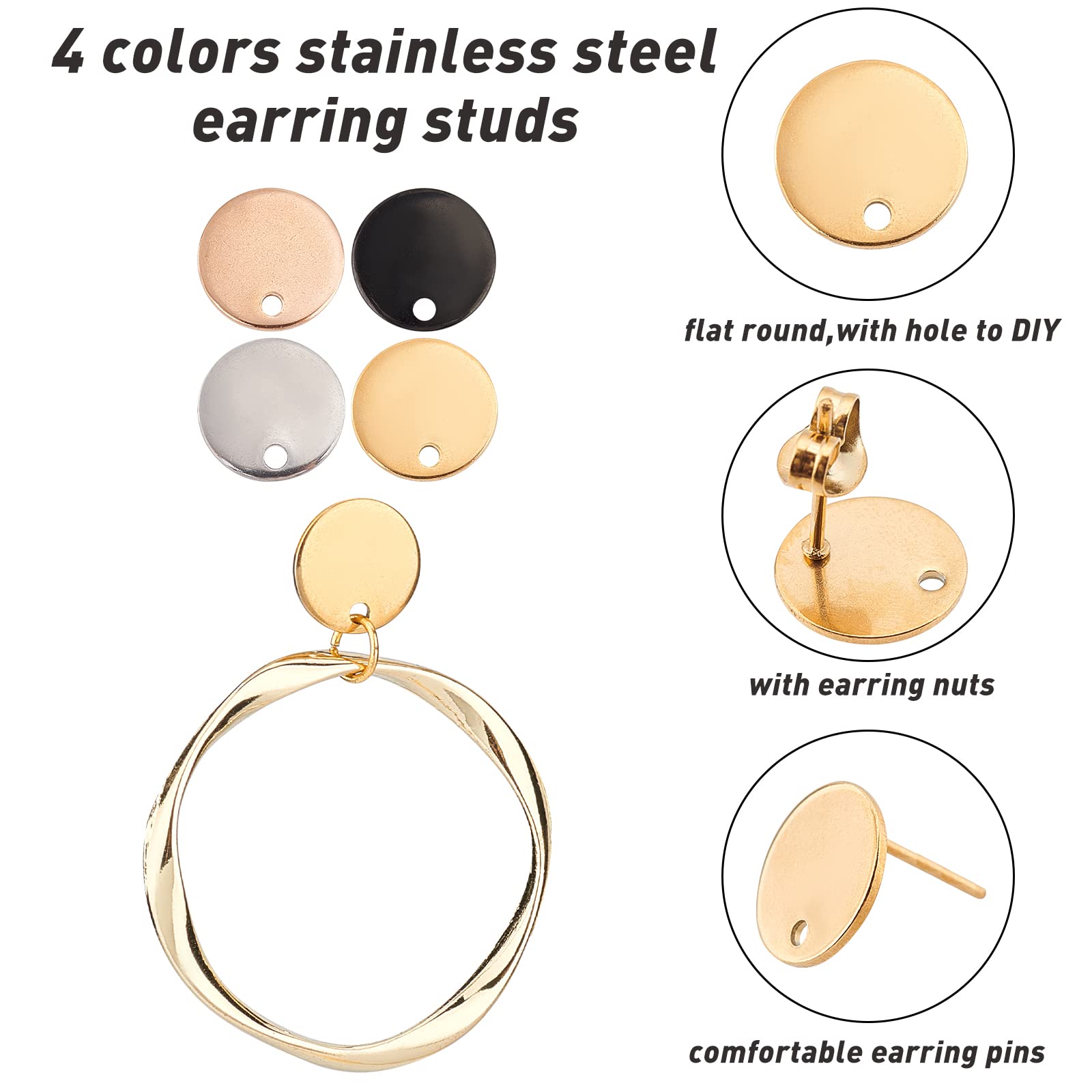 UNICRAFTALE 4 Mixed Colors Stud Earrings 40pcs(20Pairs) Stainless Steel Stud Earring with Ear Nuts 0.8mm Pin Flat Round Earring Post with Loop Earring Studs Components for Jewelry Making