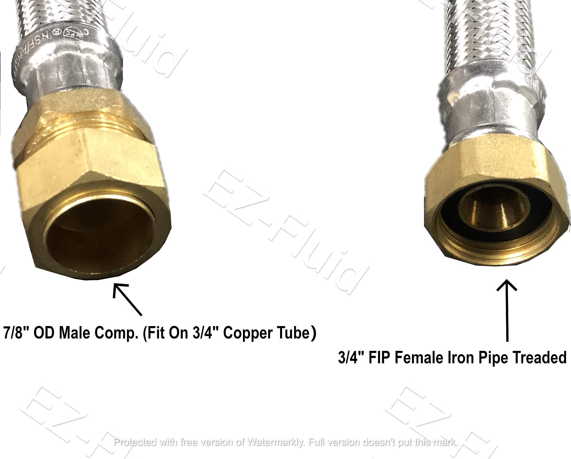 EZ-Fluid 3/4" Compression (7/8" OD) x 3/4"FIP x 12" Braided Flexible Stainless Steel Water Heater Connector Supply Line Water Hose for Female Iron Water Pipe Fitting or Copper Tubing,(1-Pack)