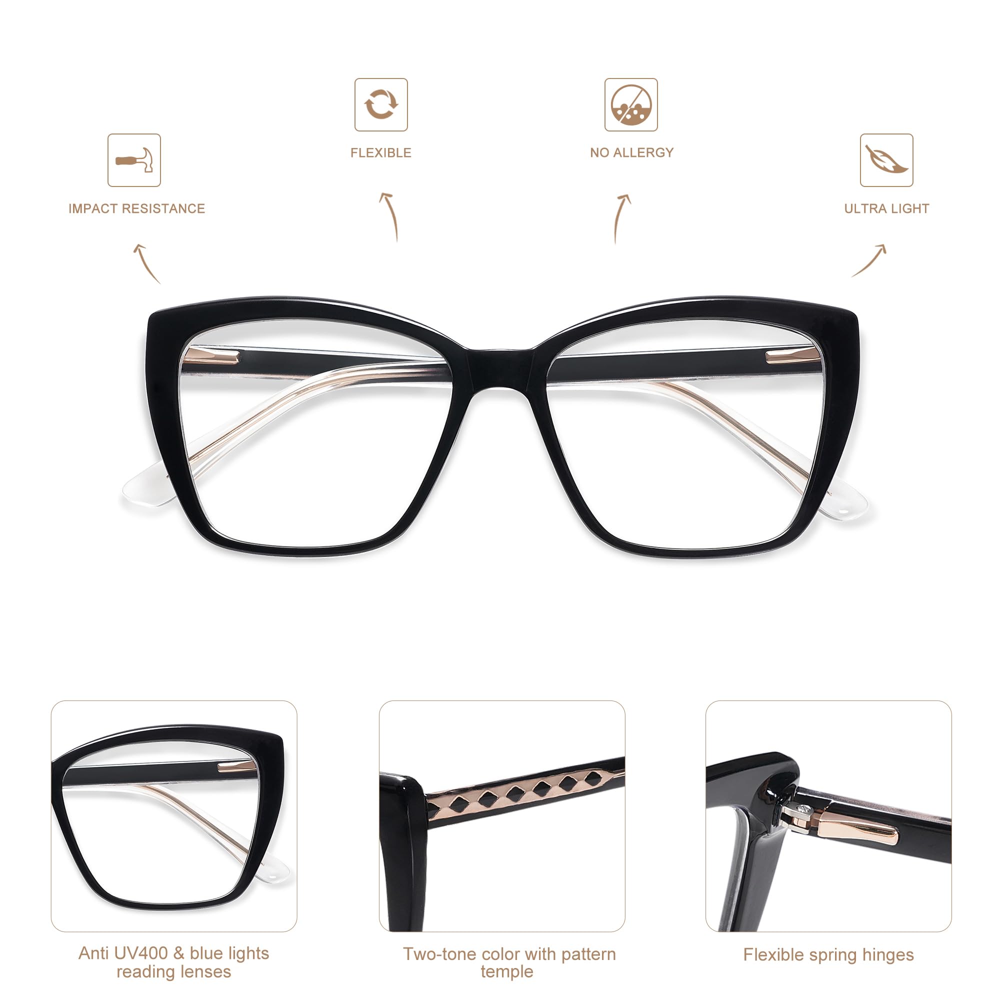 AMOMOMA Trendy TR90 Oversized Blue Light Reading Glasses Women,Stylish Square Cat Eye Glasses AM6031C1 with Black Frame 1.5 x